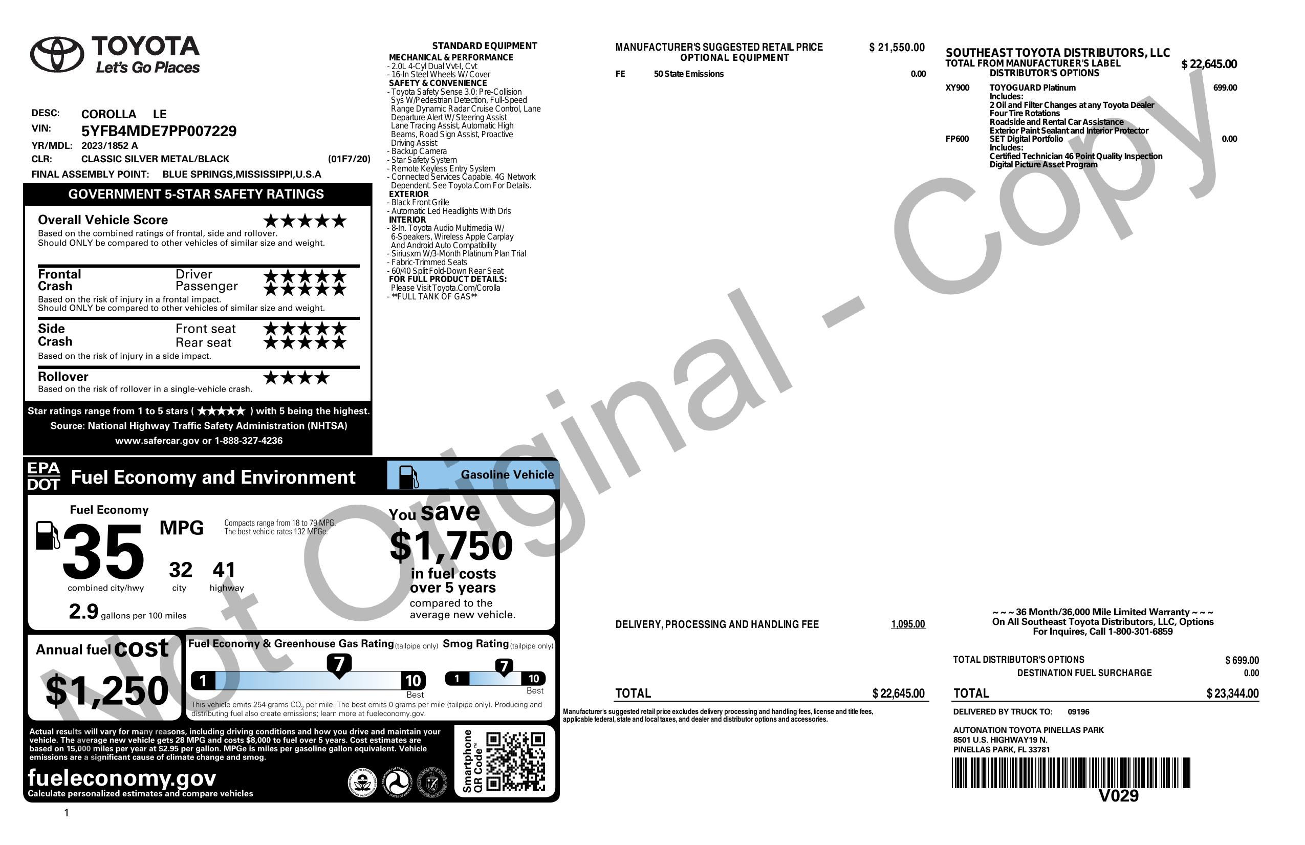 Window Sticker for 2023 Toyota Corolla Le Cvt (Natl)