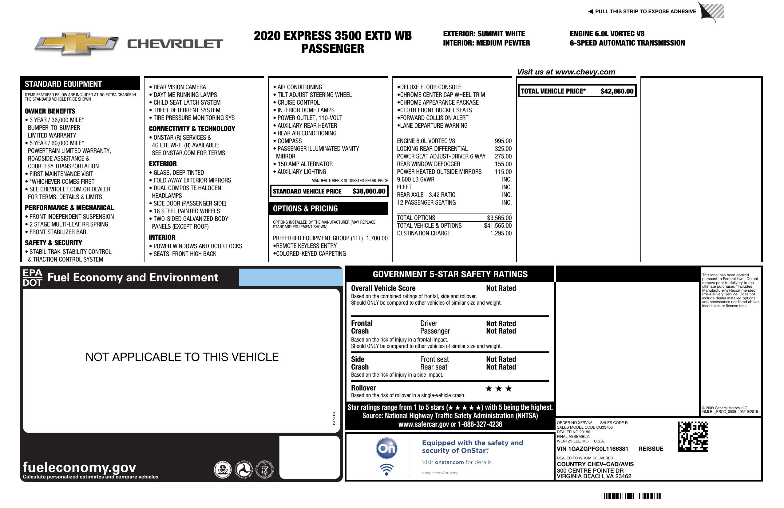 Window Sticker for 2020 Chevrolet Express Passenger Rwd 3500 155" Lt