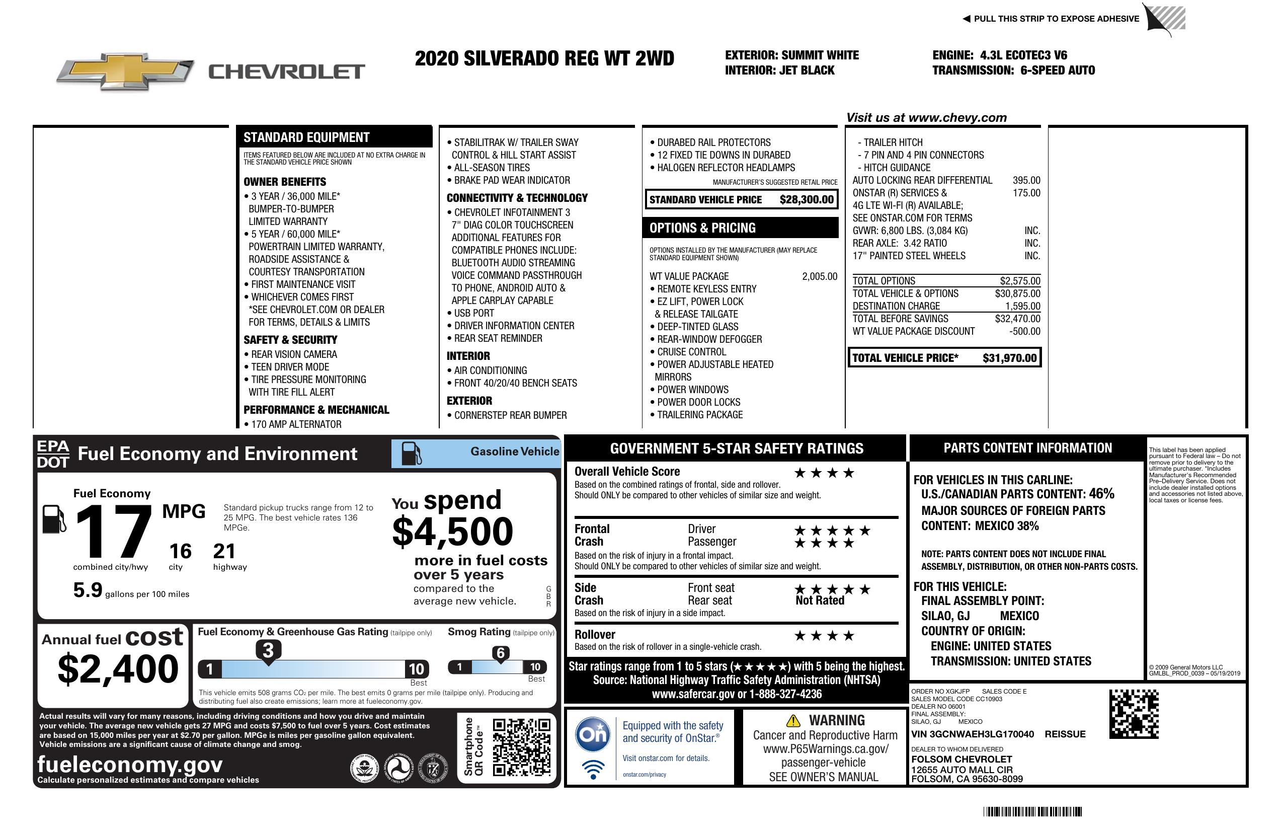 Window Sticker for 2020 Chevrolet Silverado 1500 2 Wd Reg Cab 140" Work ...
