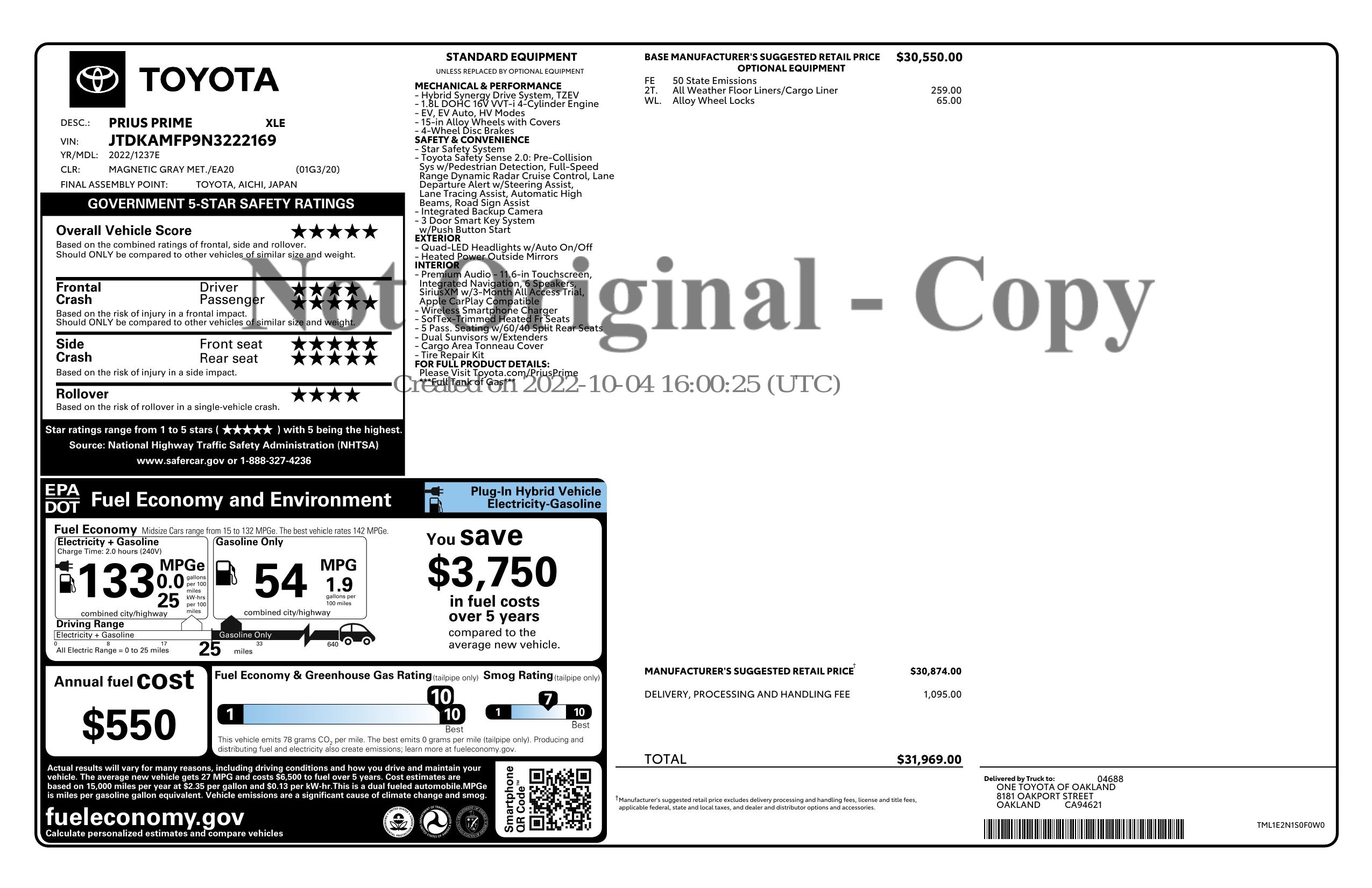 Window Sticker for 2022 Toyota Prius Prime (Natl)