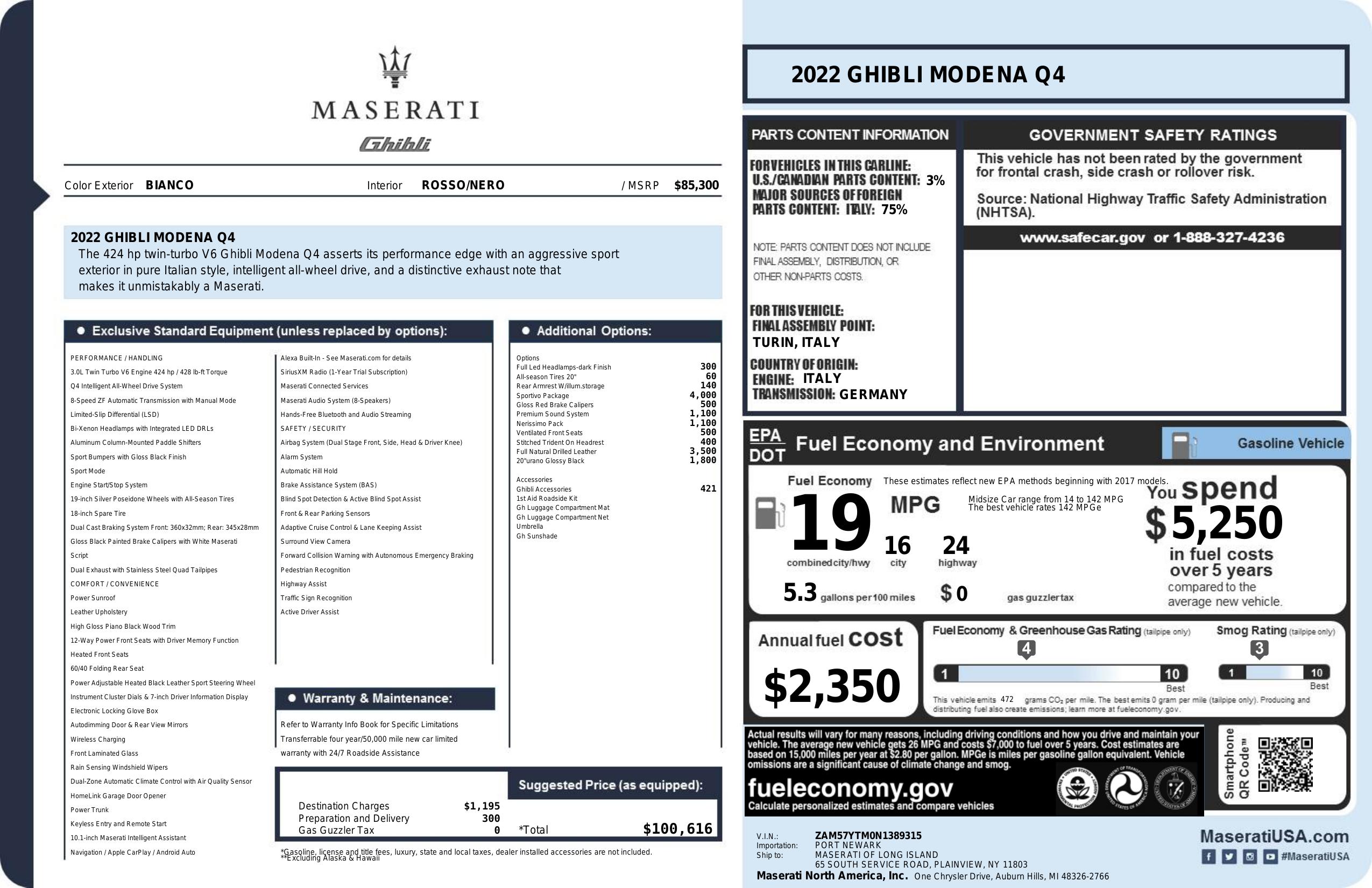 Window Sticker for 2022 Maserati Ghibli Modena Q4 3.0 L