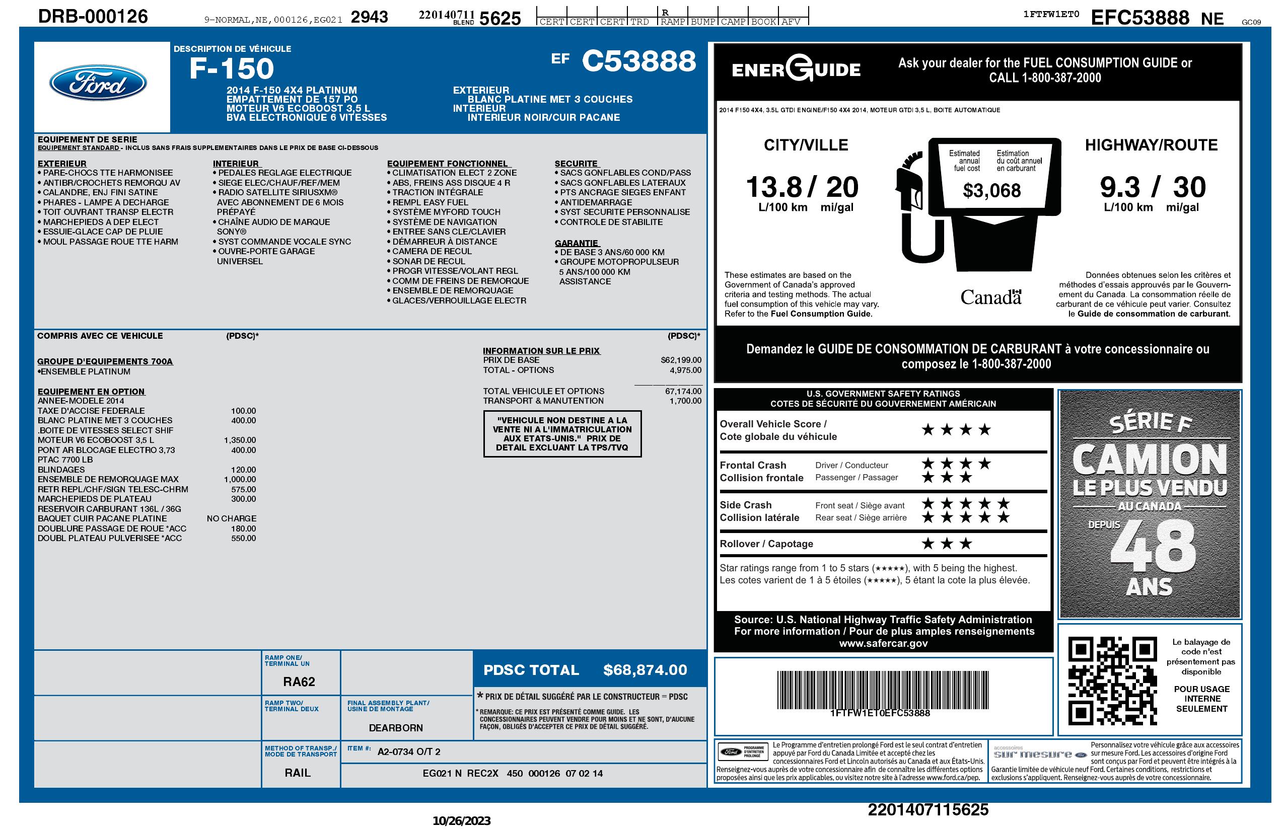 Window Sticker for 2014 Ford F 150 4 Wd Super Crew