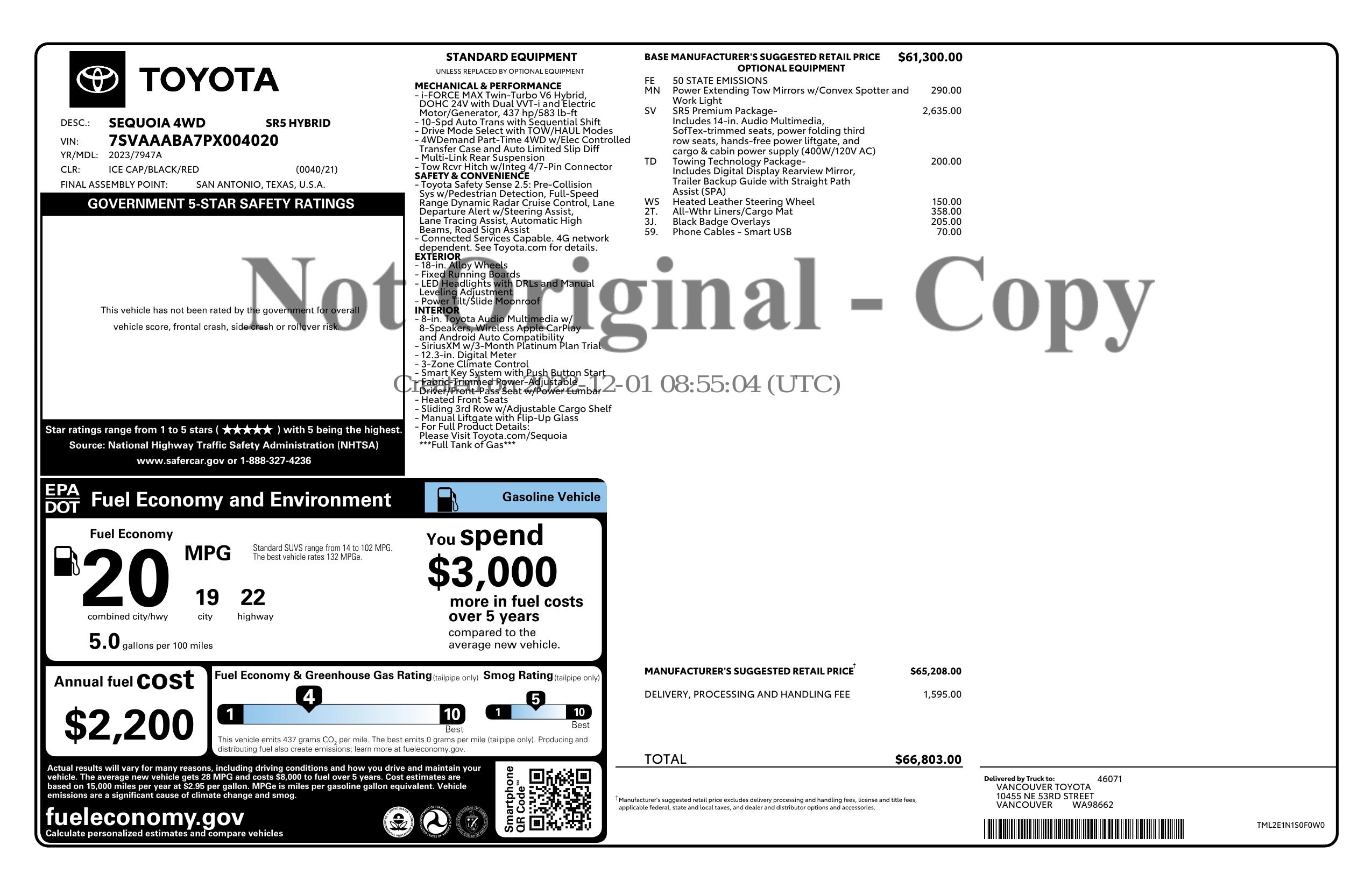 Window Sticker for 2023 Toyota Sequoia 4 Wd (Natl)