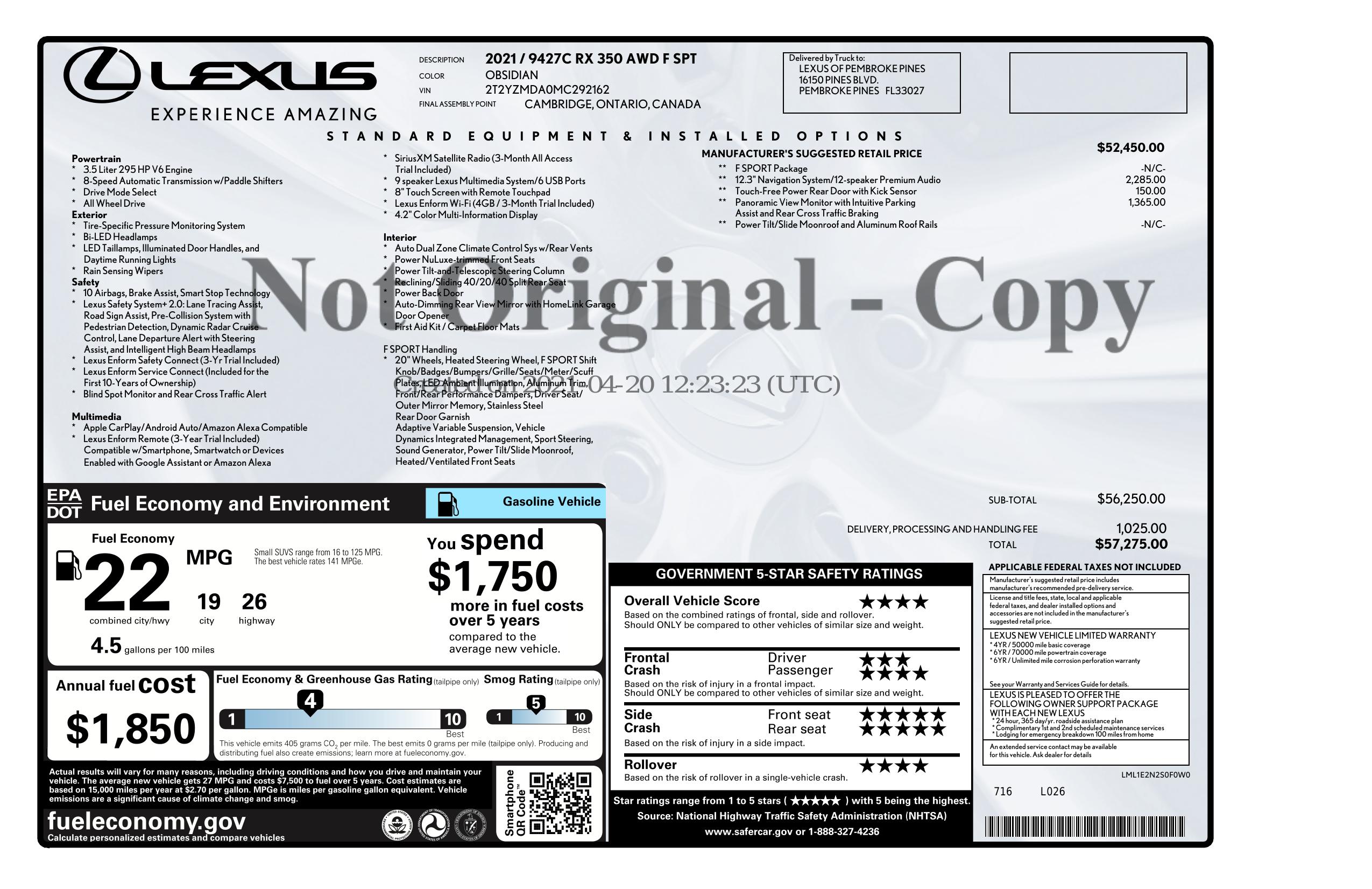 Window Sticker for 2021 Lexus Rx Rx 350 F Sport Handling Awd