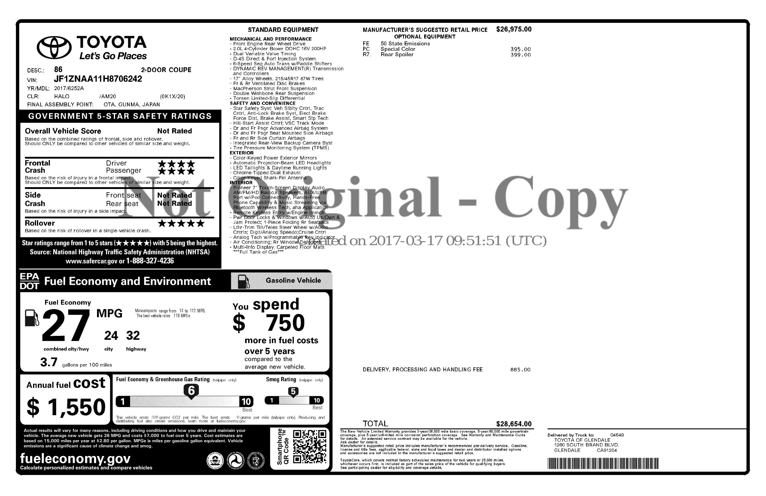 Window Sticker for 2017 Toyota 86 (Natl)