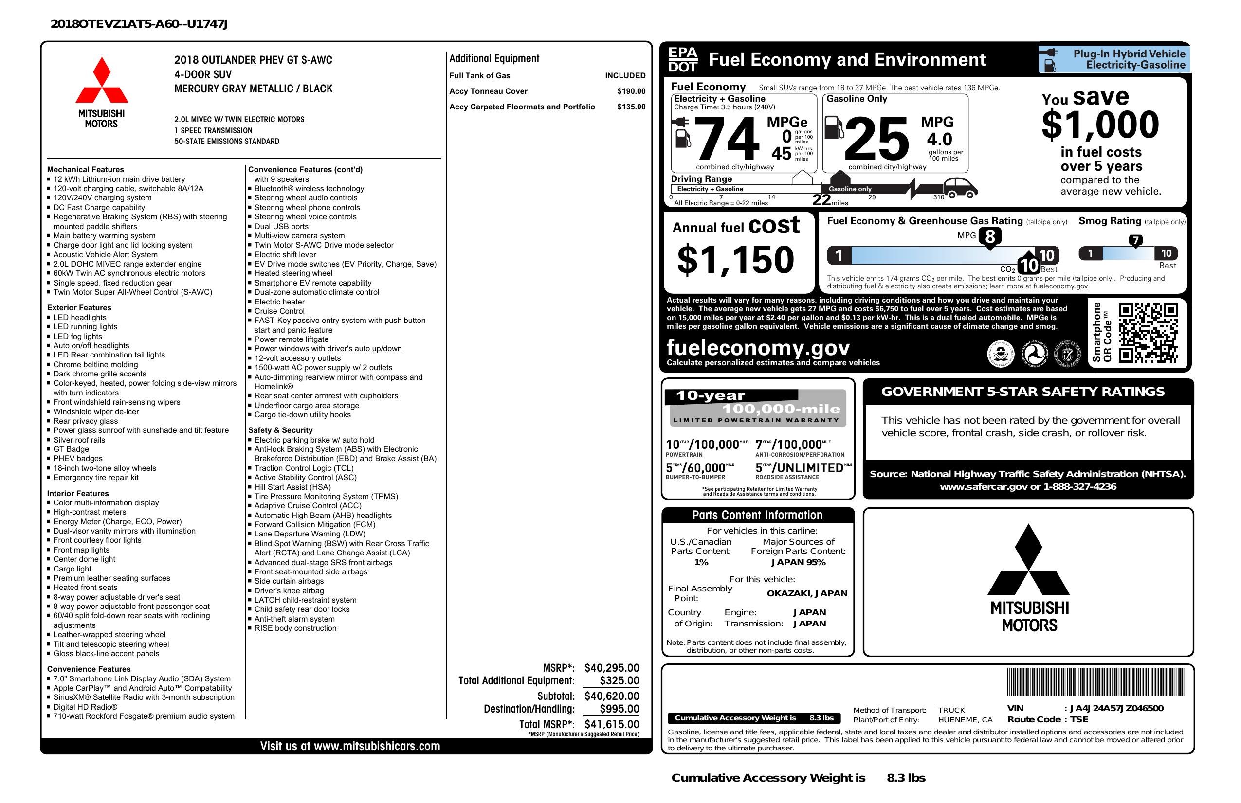 Window Sticker for 2018 Mitsubishi Outlander Phev Gt