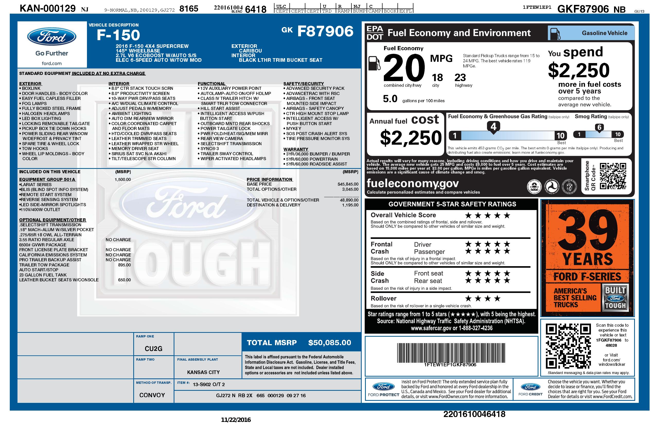 Window Sticker for 2016 Ford F 150 4 Wd Super Crew 145"