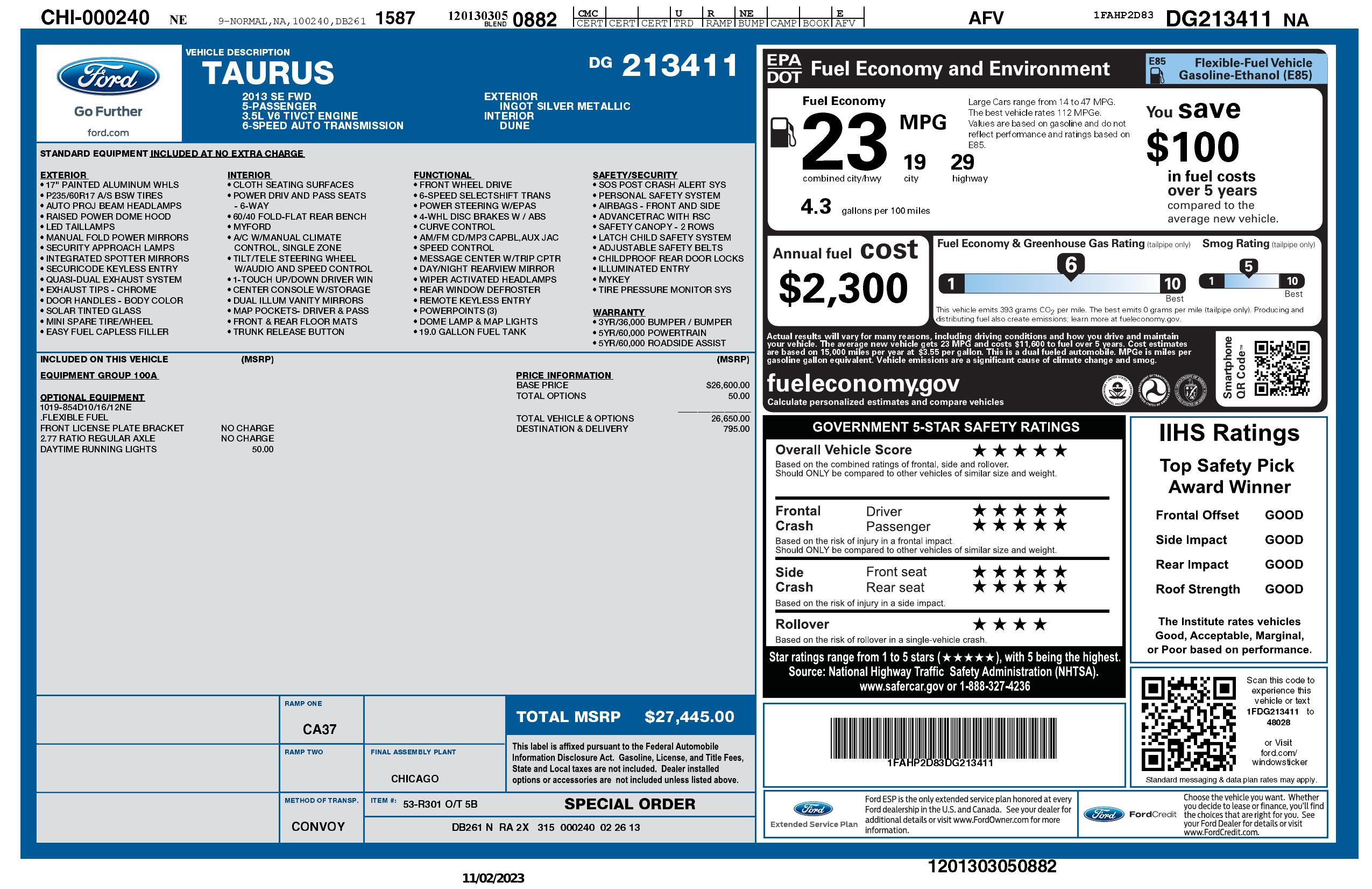 Window Sticker for 2013 Ford Taurus 4dr Sdn Se Fwd