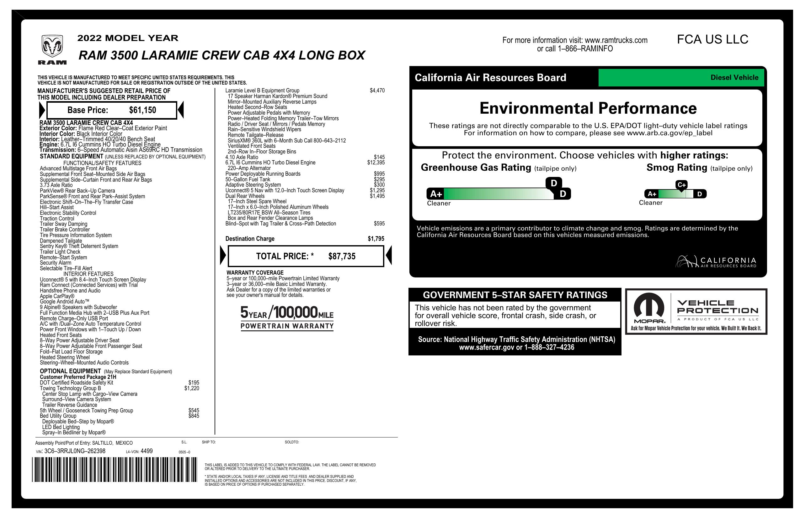 Window Sticker for 2022 Ram 3500 Laramie