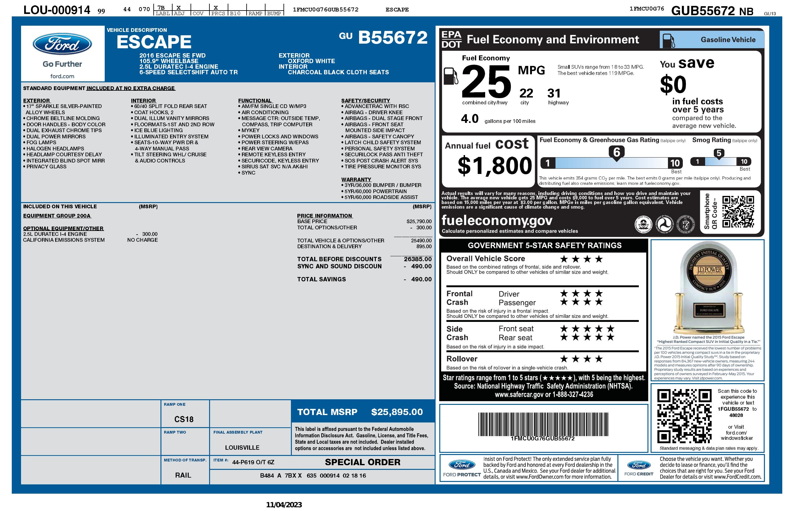Window Sticker for 2016 Ford Escape Fwd 4dr Se