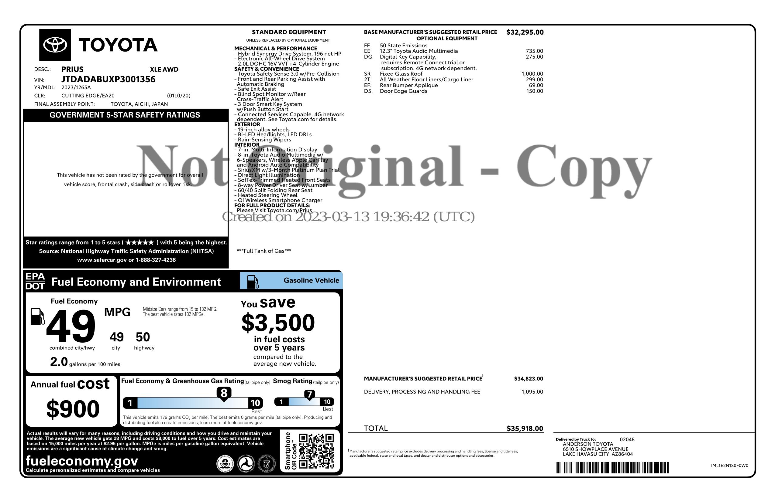 Window Sticker for 2023 Toyota Prius Awd E (Natl)