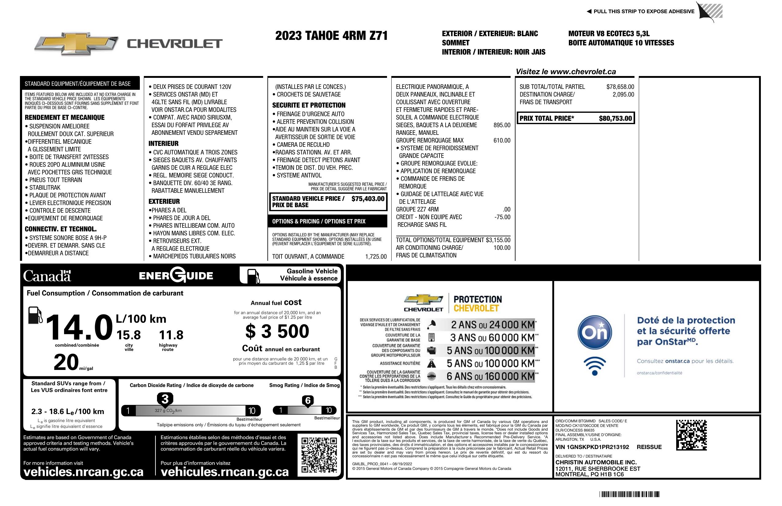 Window Sticker for 2023 Chevrolet Tahoe 4 Wd 4dr Z71