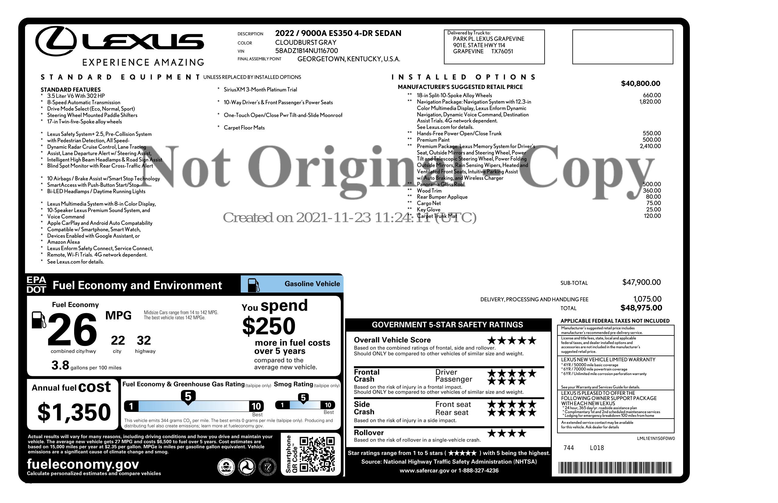 Window Sticker for 2022 Lexus Es Es 350 Fwd