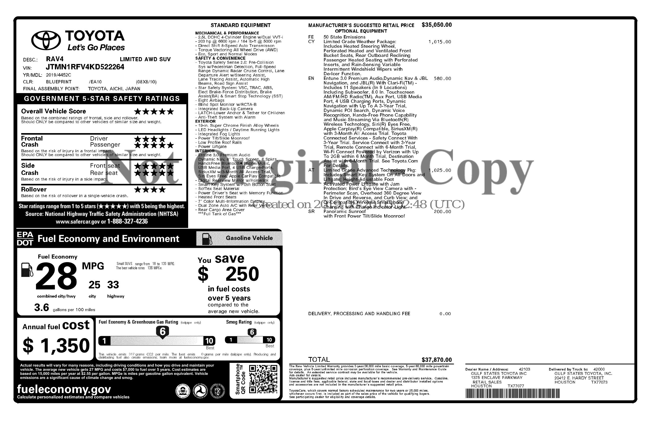 Window Sticker for 2019 Toyota Rav4 Limited Awd (Natl)