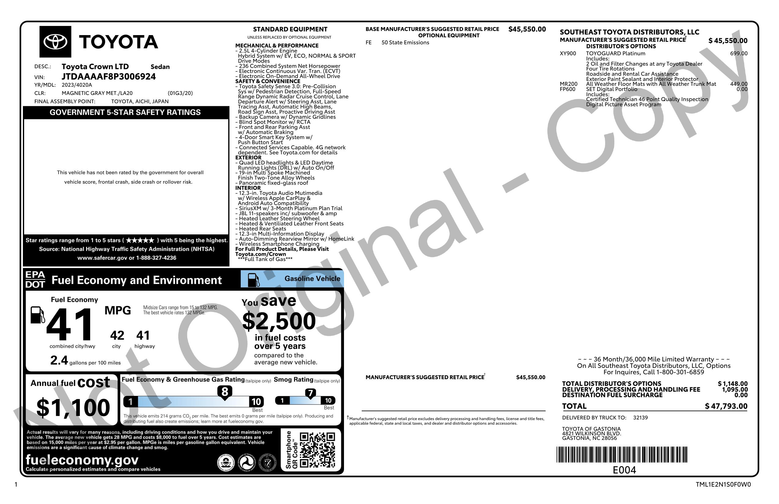 Window Sticker for 2023 Toyota Crown Awd (Natl)