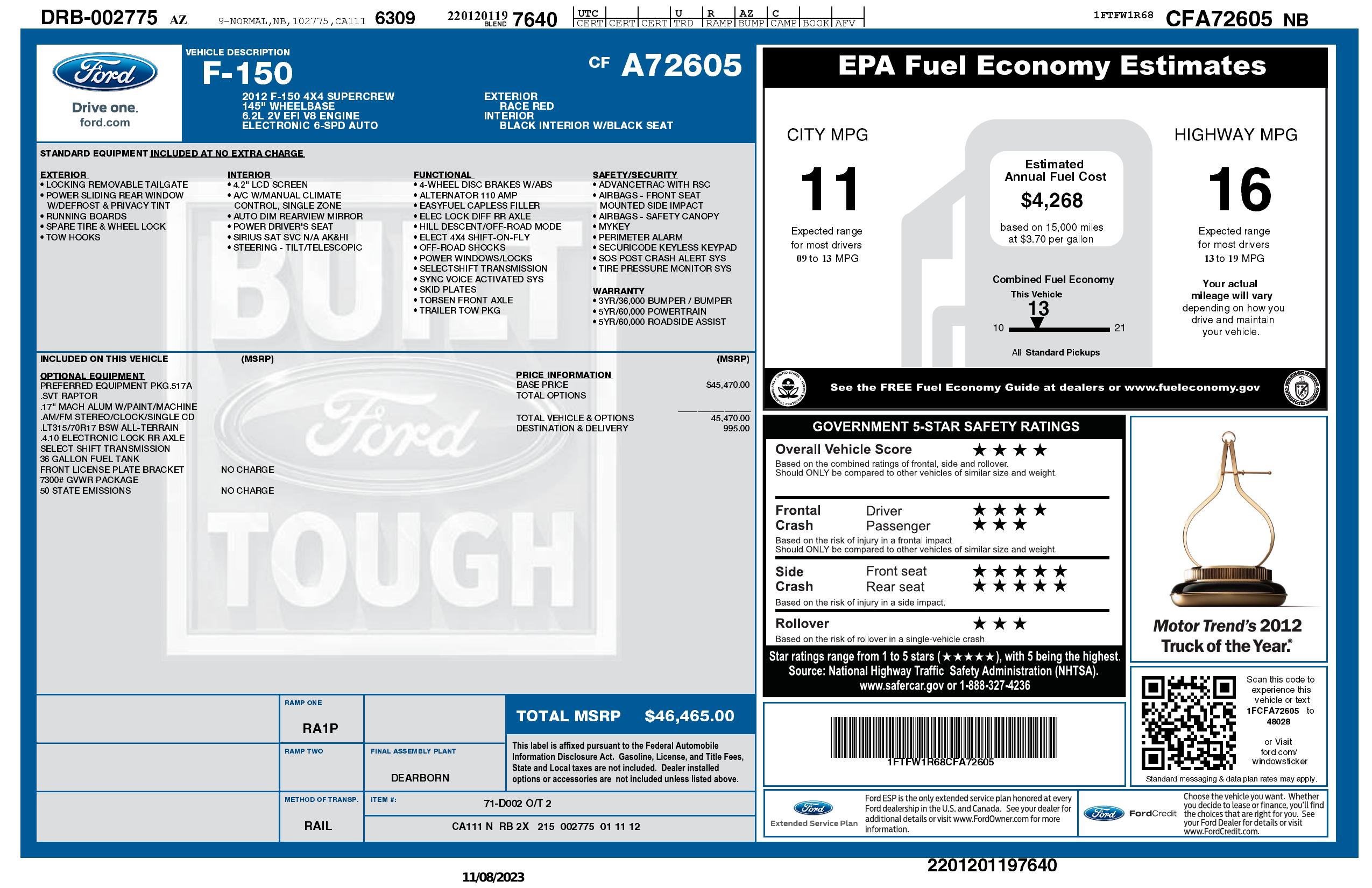 Window Sticker for 2012 Ford F 150 4 Wd Super Crew 145" Svt Raptor