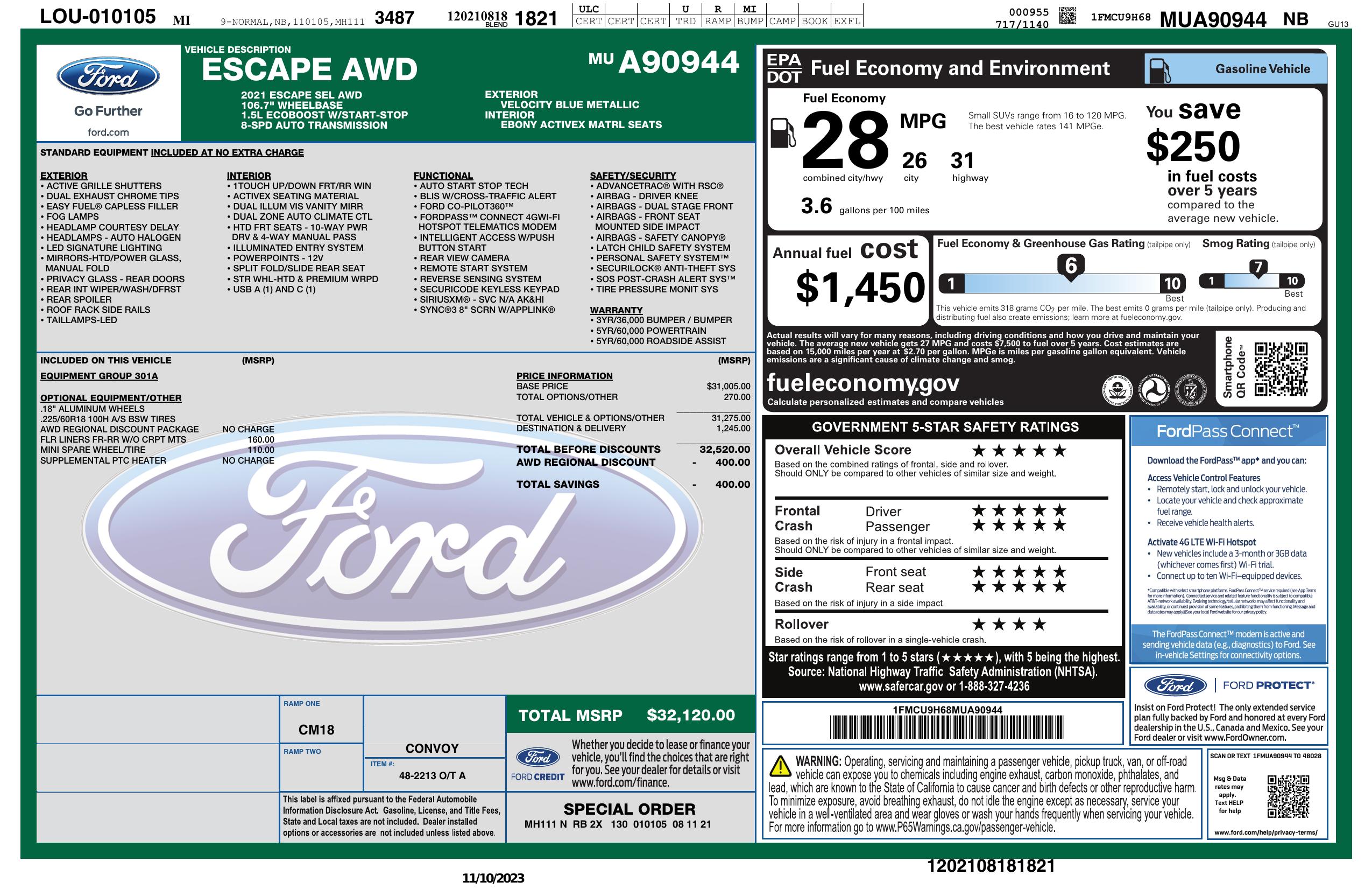 Window Sticker for 2021 Ford Escape Sel Awd