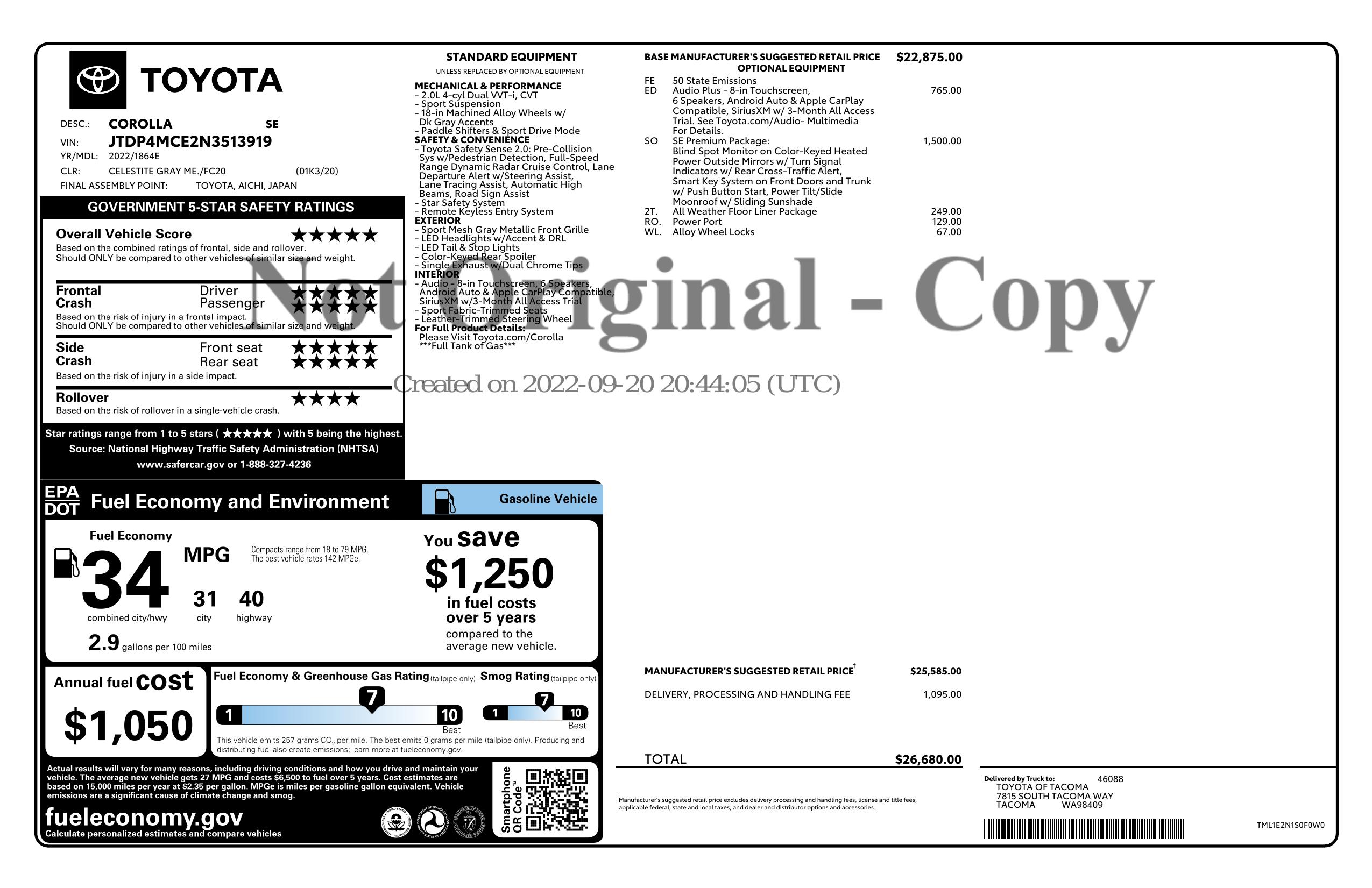 Window Sticker for 2022 Toyota Corolla Se Cvt (Natl)