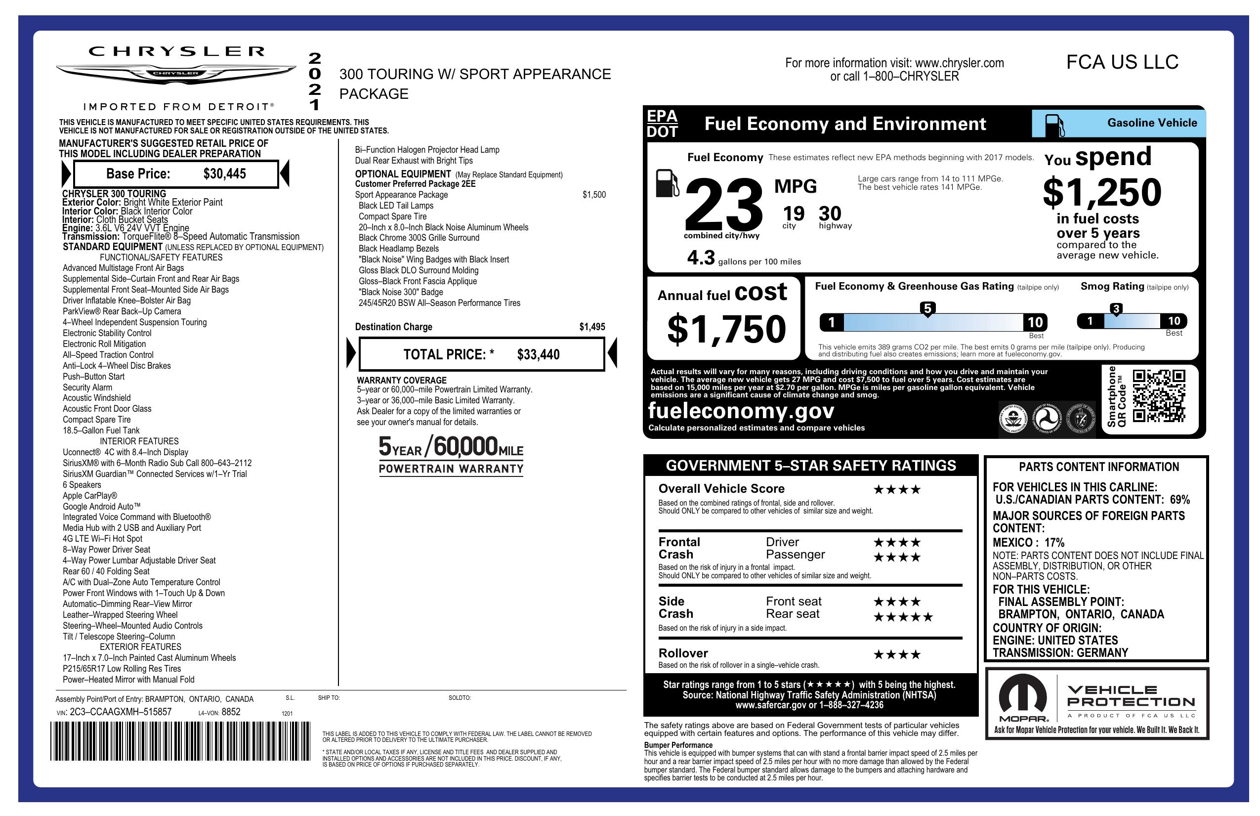 Window Sticker for 2021 Chrysler 300 Touring Rwd