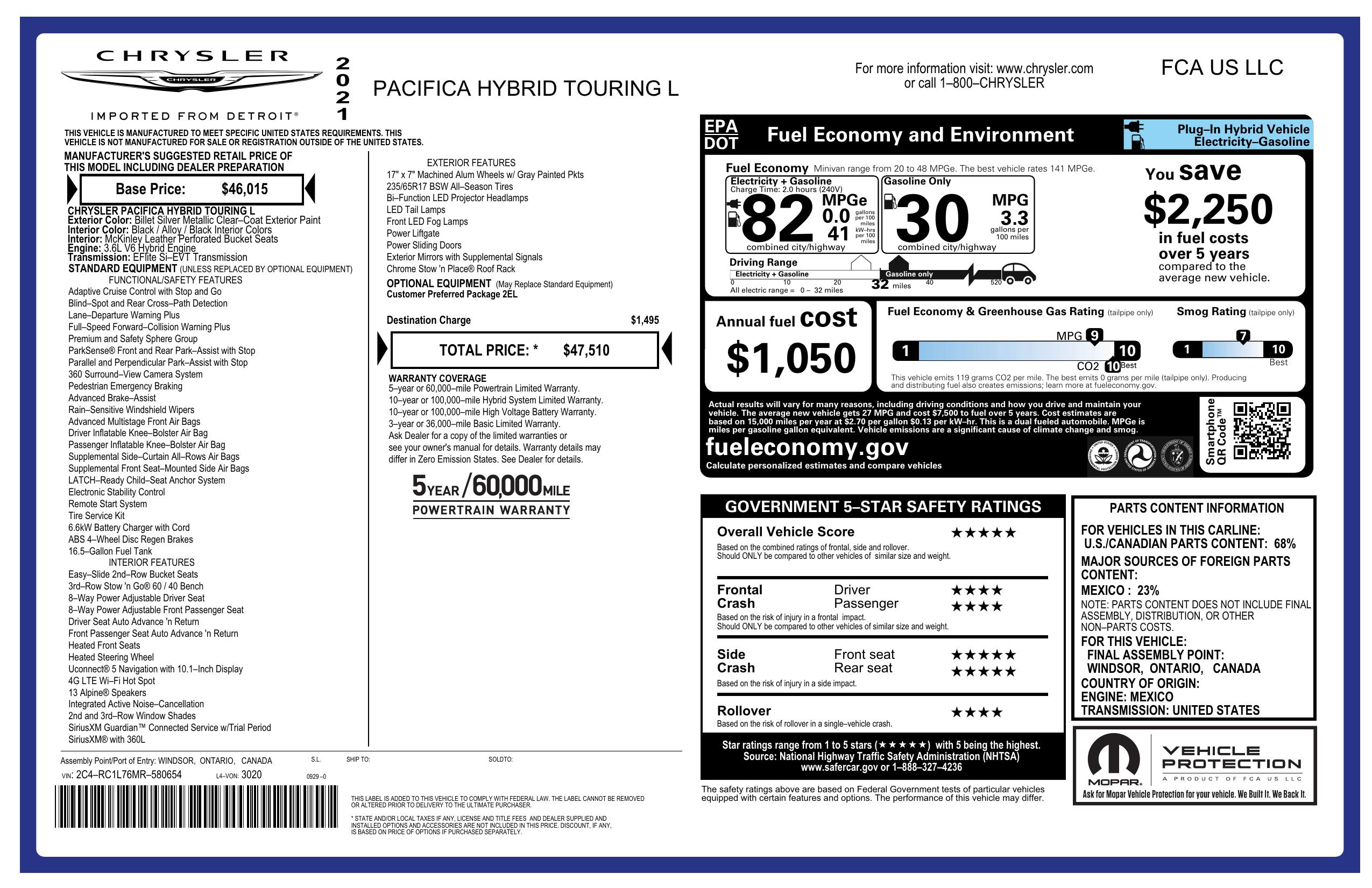 Window Sticker for 2021 Chrysler Pacifica Hybrid Touring L Fwd