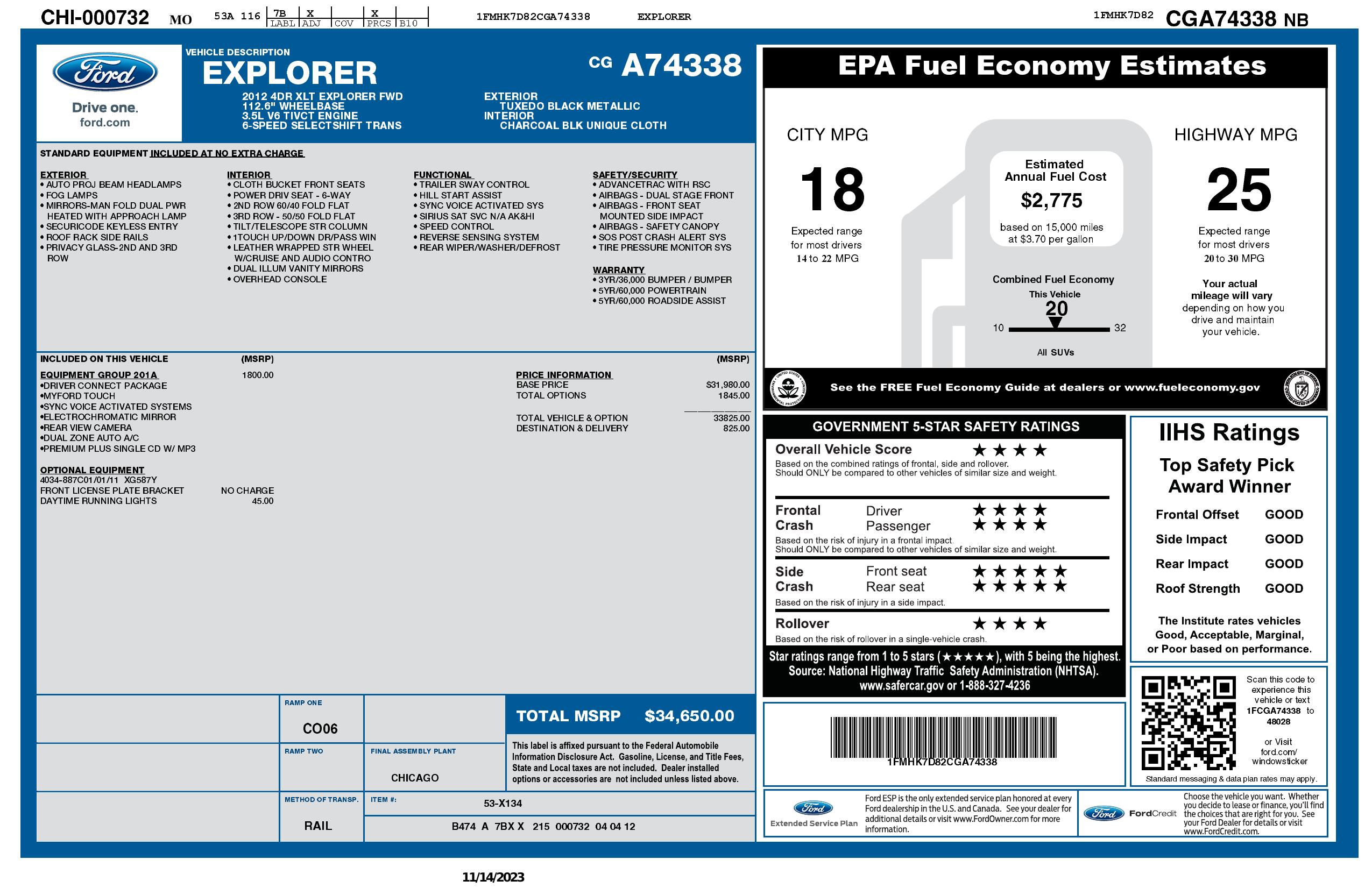 Window Sticker for 2012 Ford Explorer Fwd 4dr Xlt