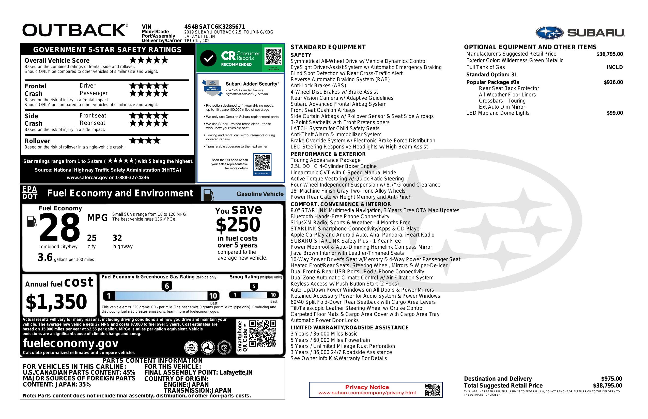 Window Sticker for 2019 Subaru Outback 2.5i Touring