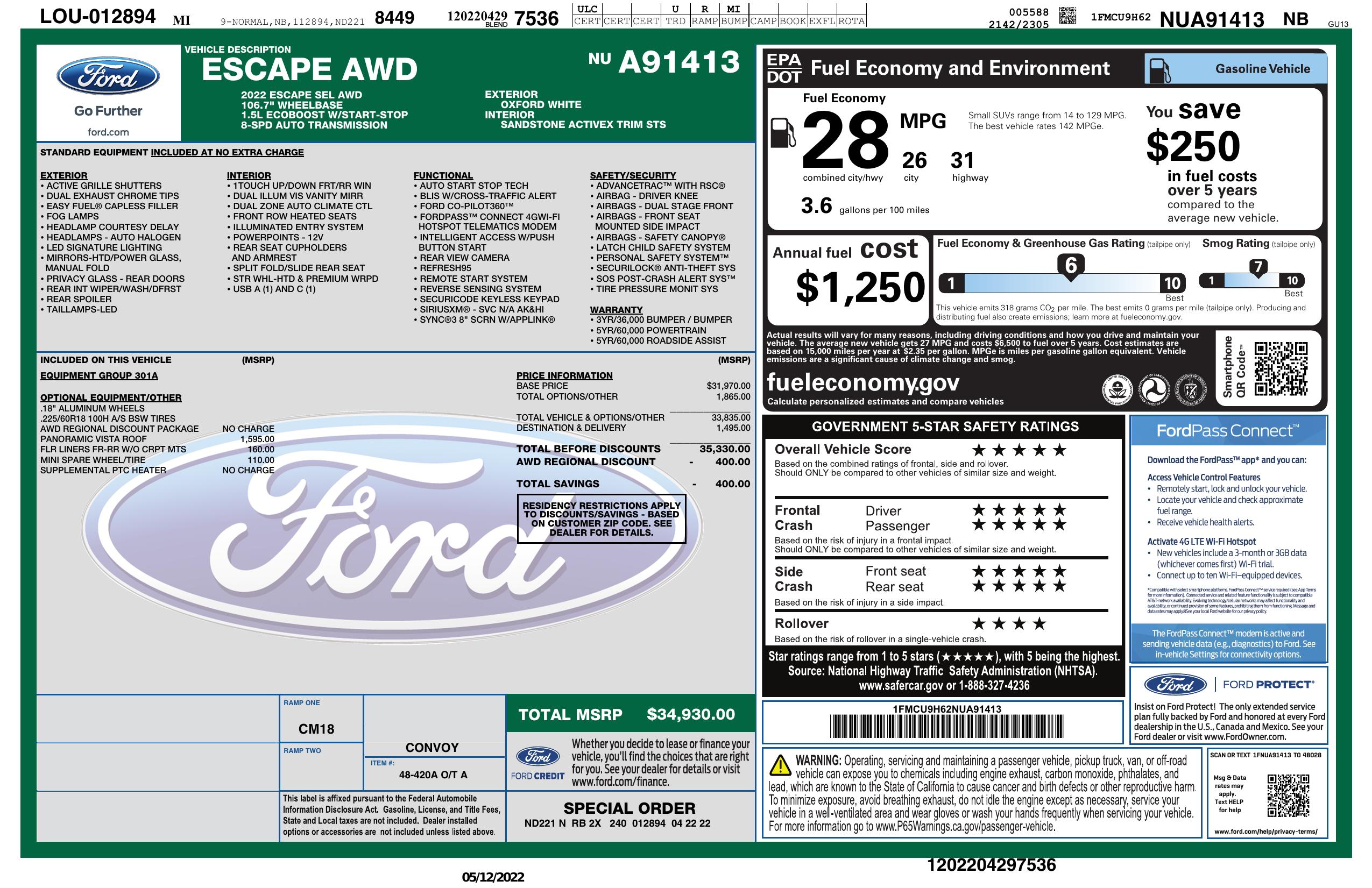 Window Sticker for 2022 Ford Escape Sel Awd