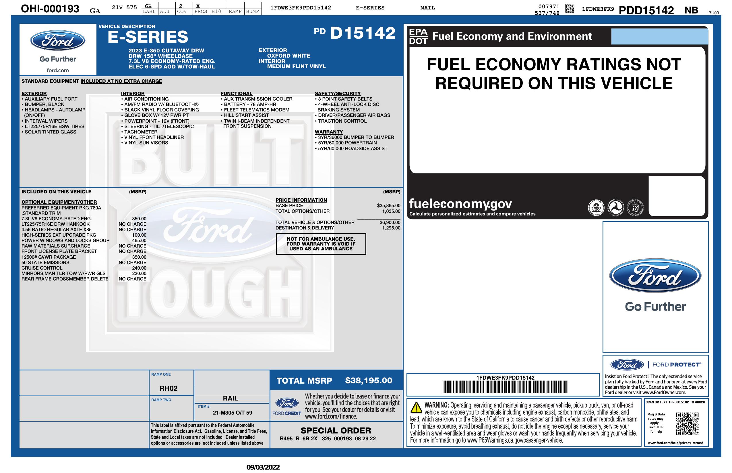 Window Sticker for 2023 Ford E Series Cutaway E 350 Wb