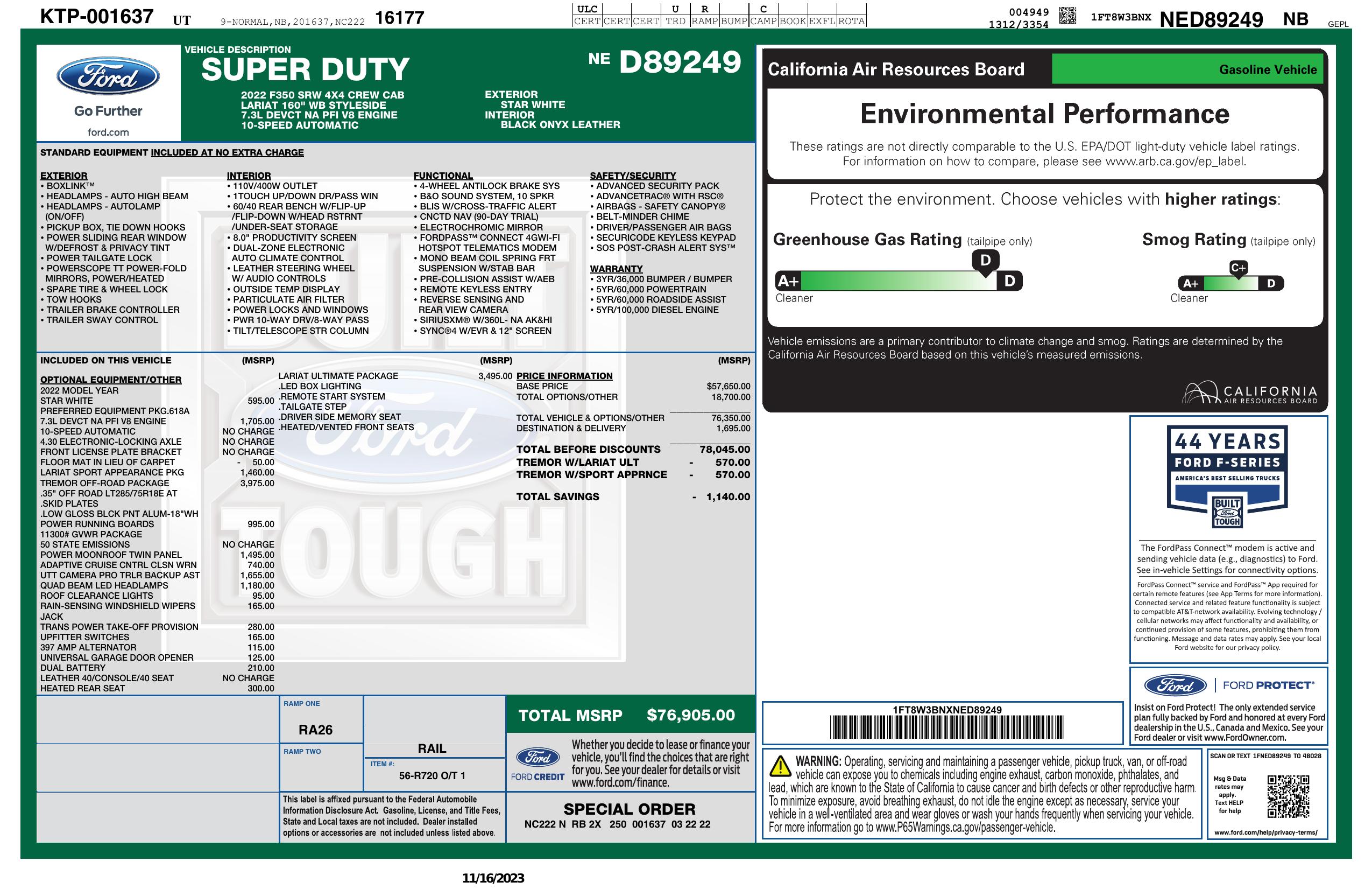 Window Sticker for 2022 Ford Super Duty F 350 Srw 4 Wd Crew Cab Box