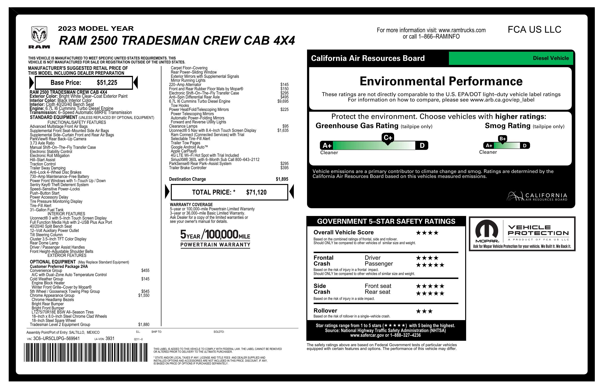 Window Sticker for 2023 Ram 2500 Tradesman 4x4 Crew Cab 6'4" Box