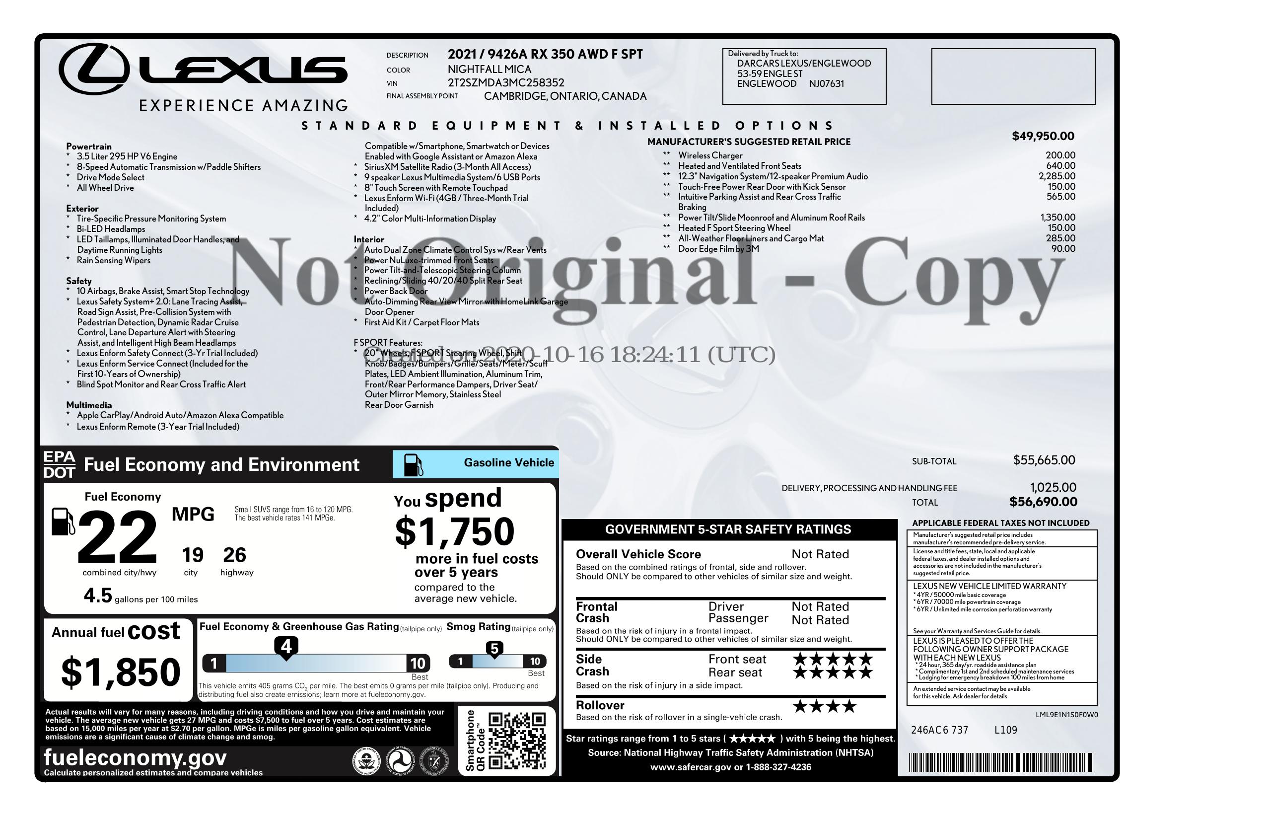 Window Sticker for 2021 Lexus Rx 350 F Sport