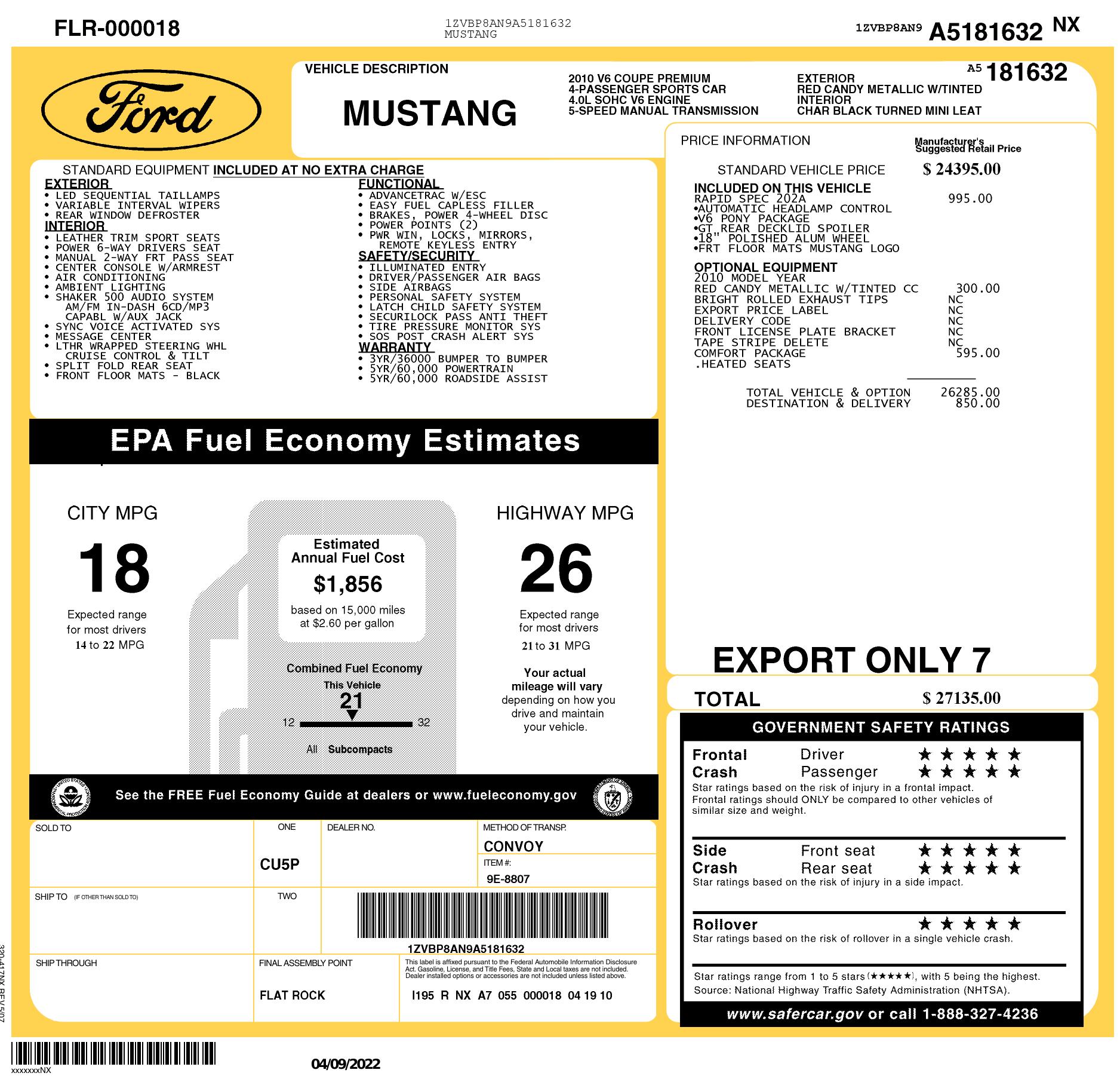 Window Sticker for 2010 Ford Mustang 2dr Cpe V6