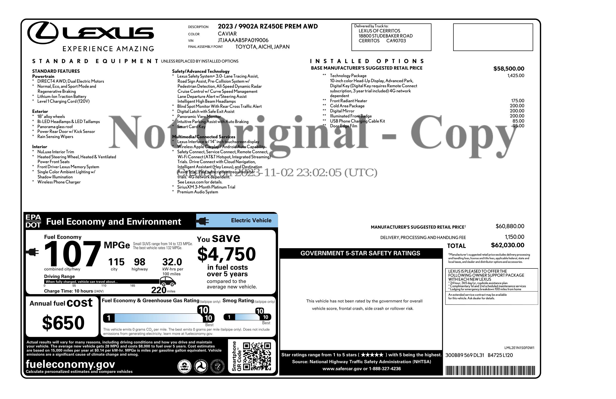 Window Sticker for 2023 Lexus Rz 450e Awd