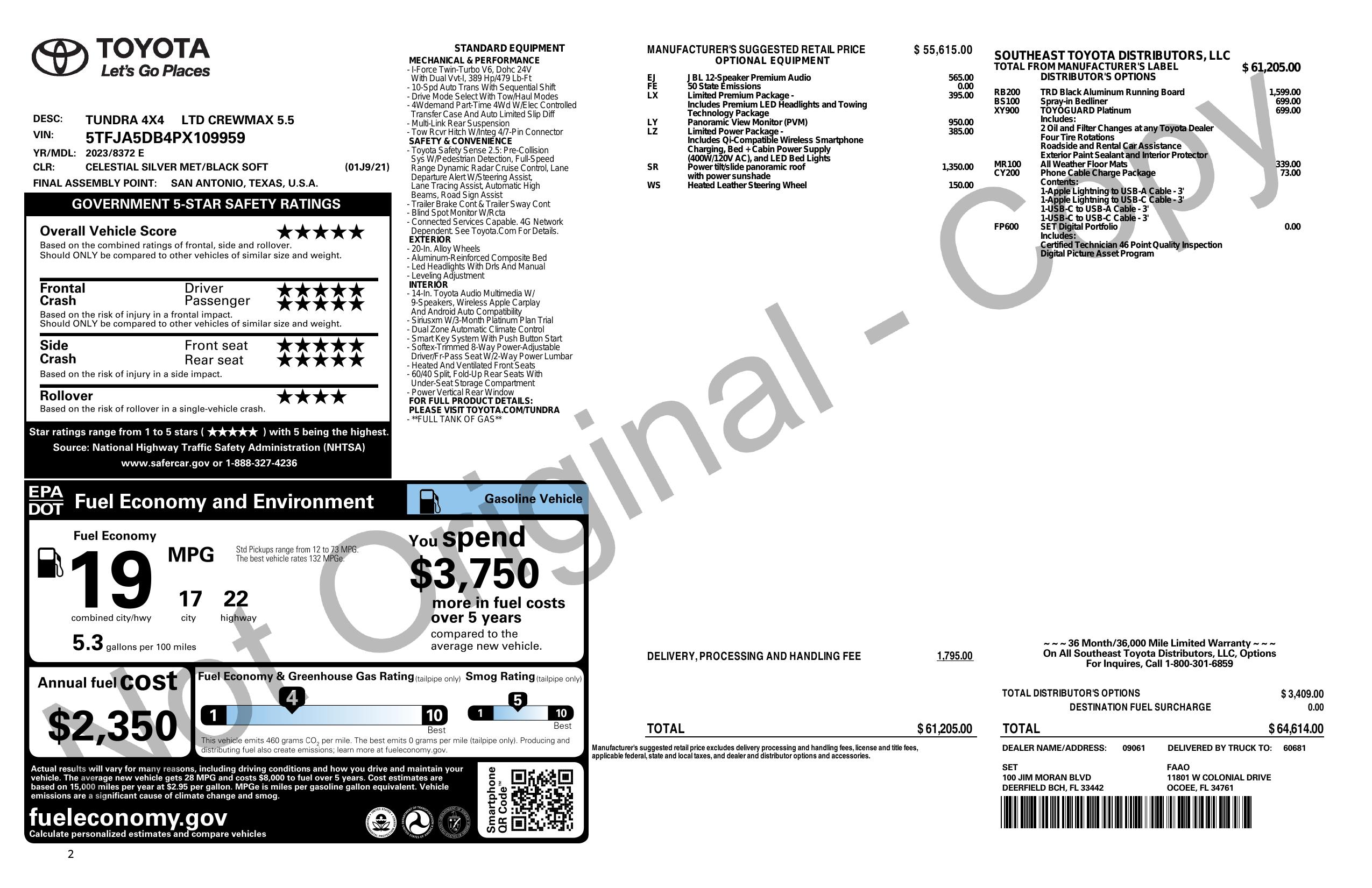 Window Sticker for 2023 Toyota Tundra 4 Wd Limited Crew Max 5.5' Bed (Natl)