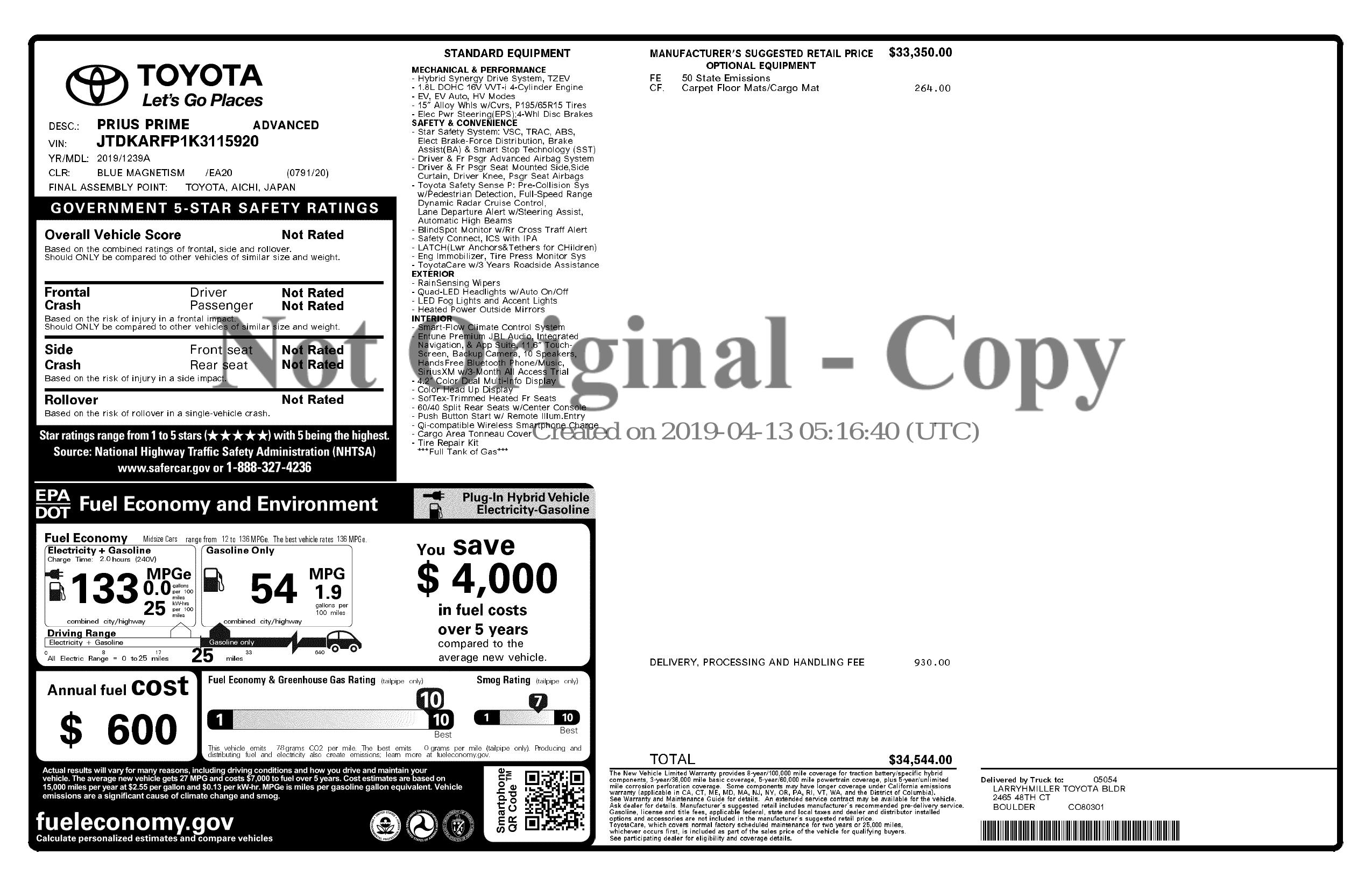 Window Sticker for 2019 Toyota Prius Prime (Natl)