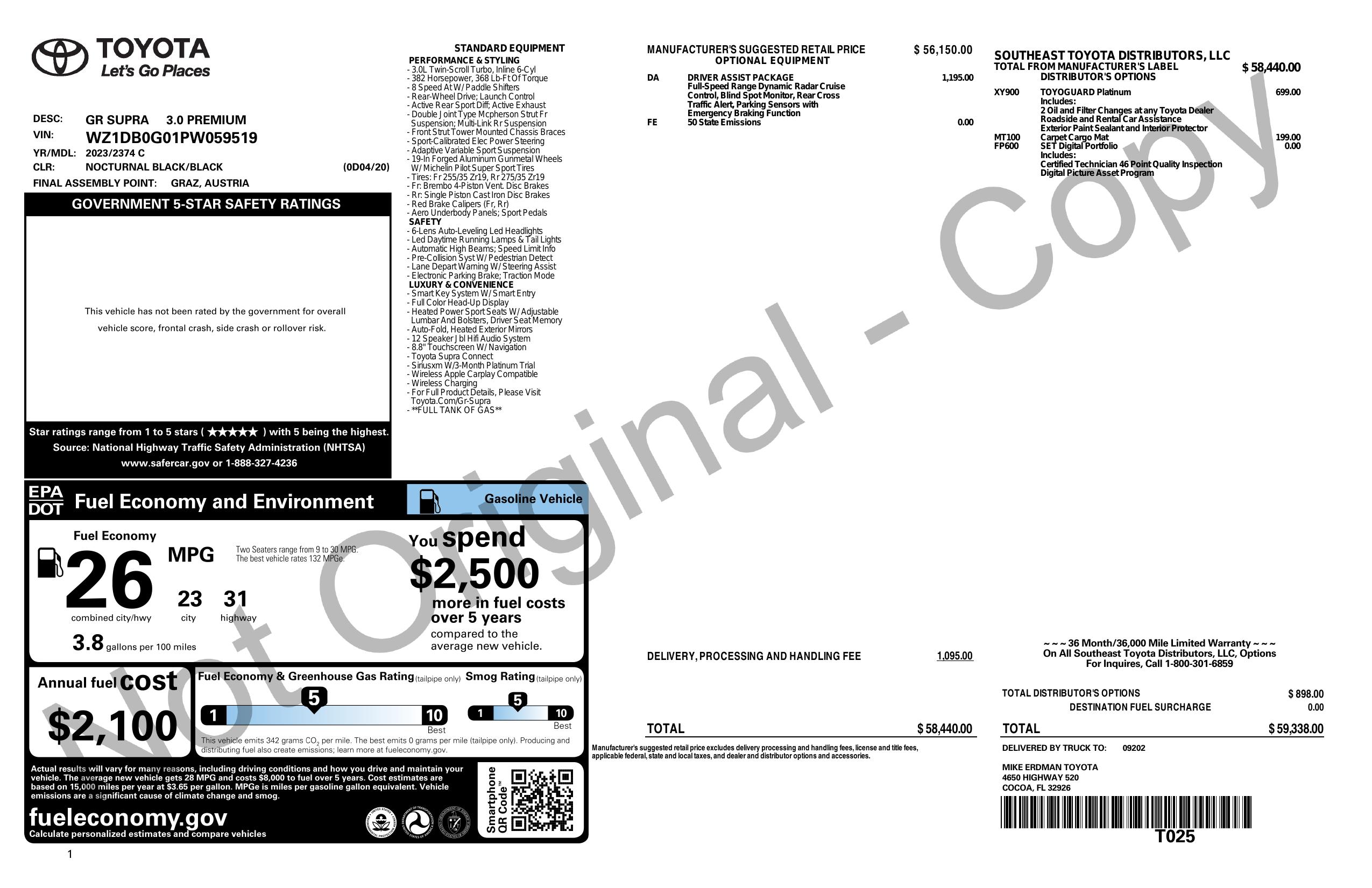 Window Sticker for 2023 Toyota Gr Supra (Natl)