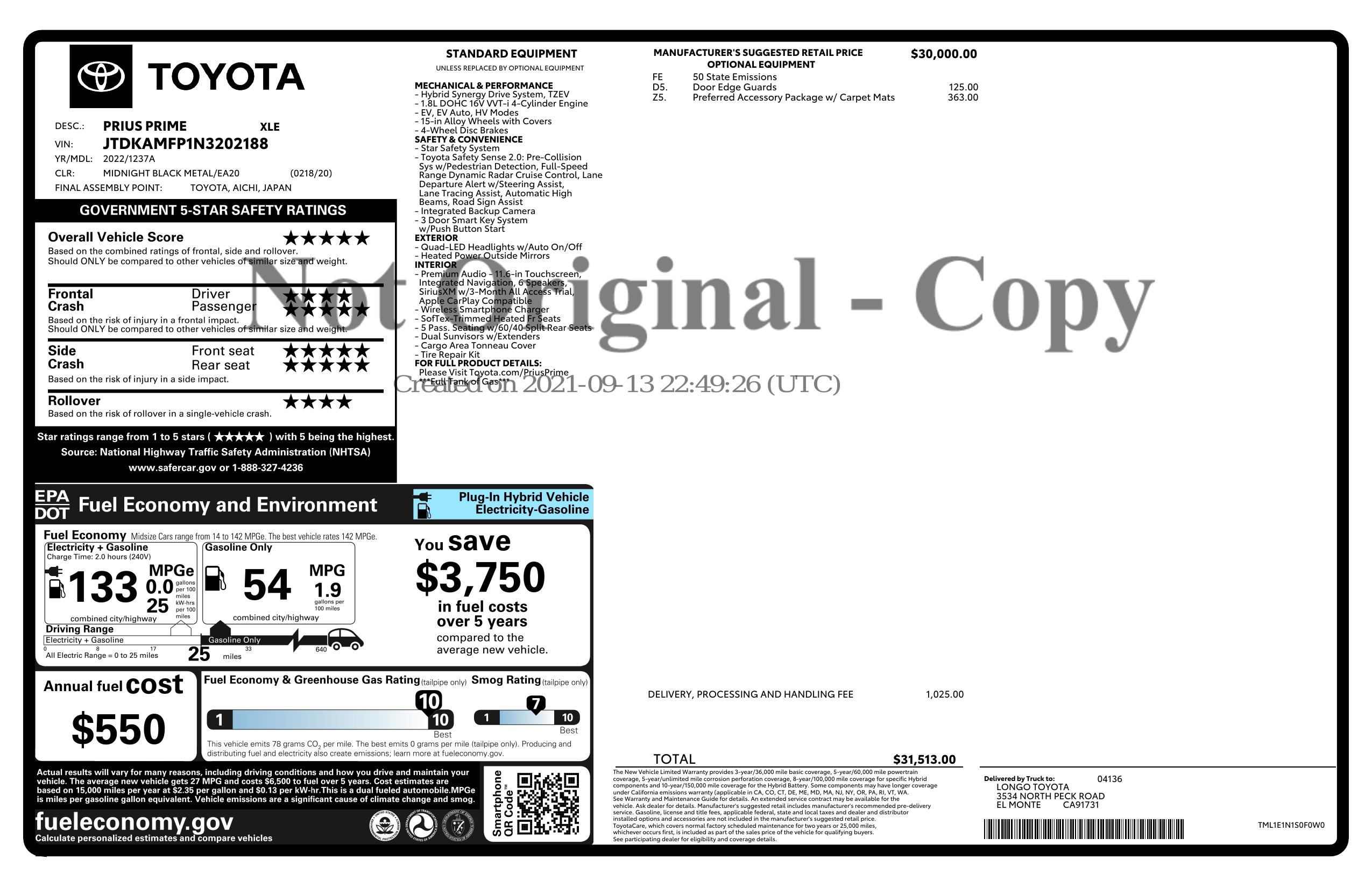 Window Sticker for 2022 Toyota Prius Prime (Natl)