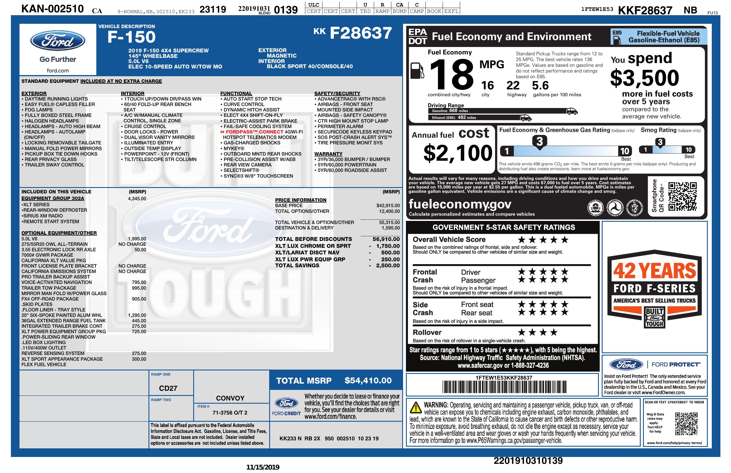 Window Sticker for 2019 Ford F 150 4 Wd Super Crew Box