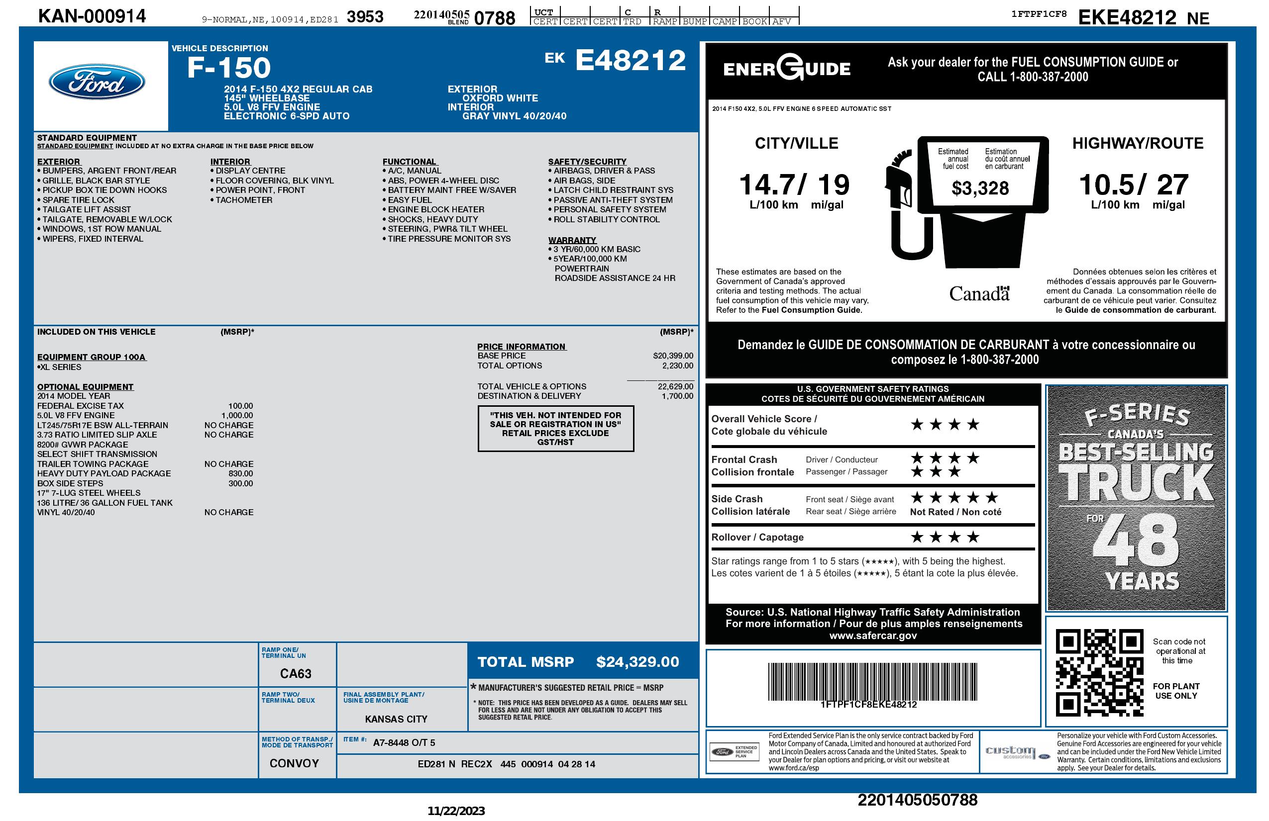 Window Sticker for 2014 Ford F 150 2 Wd Reg Cab 145" W/Hd Payload Pkg