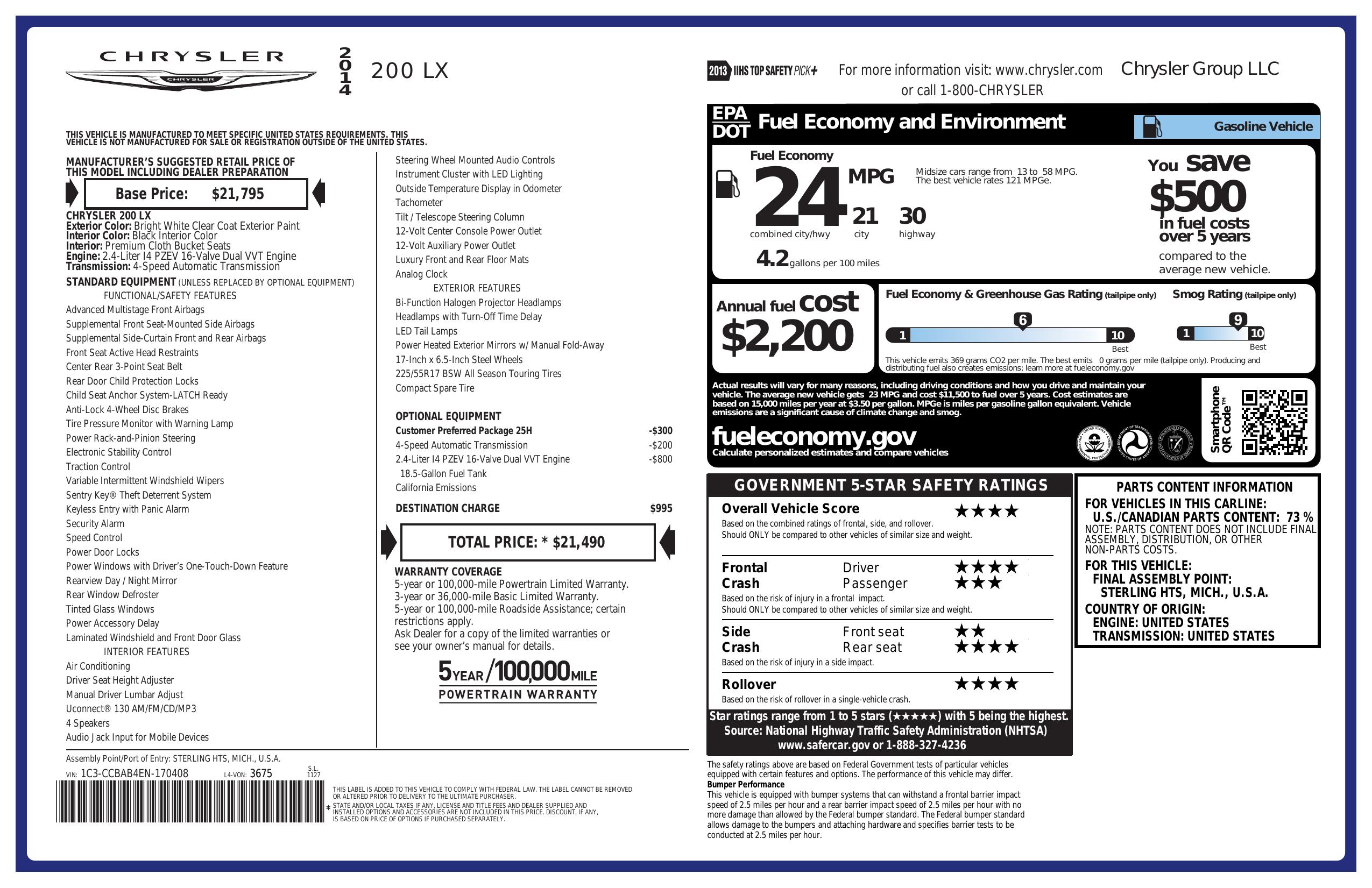 Window Sticker for 2014 Chrysler 200 4dr Sdn Lx