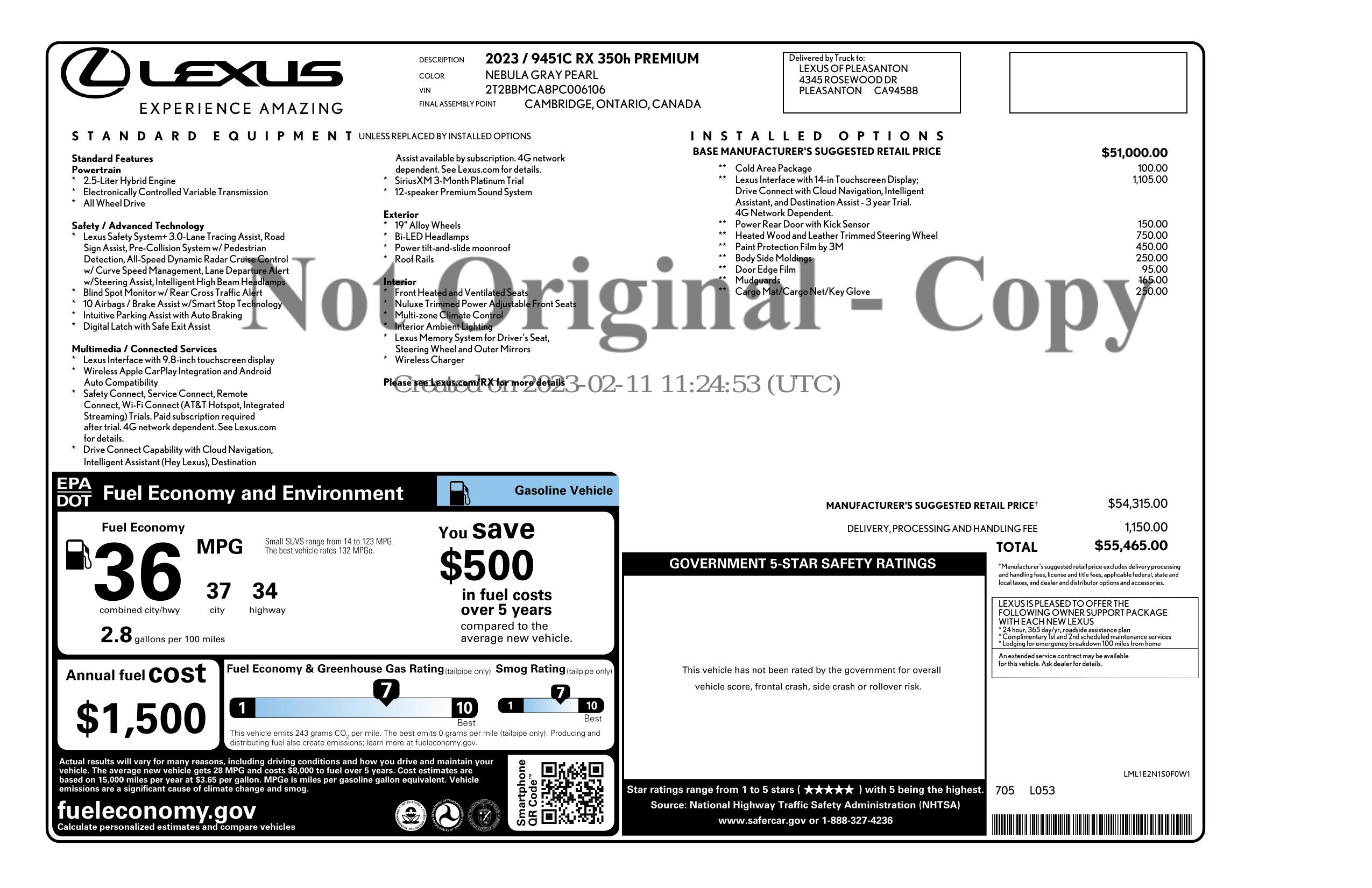 Window Sticker for 2023 Lexus Rx 350h Awd
