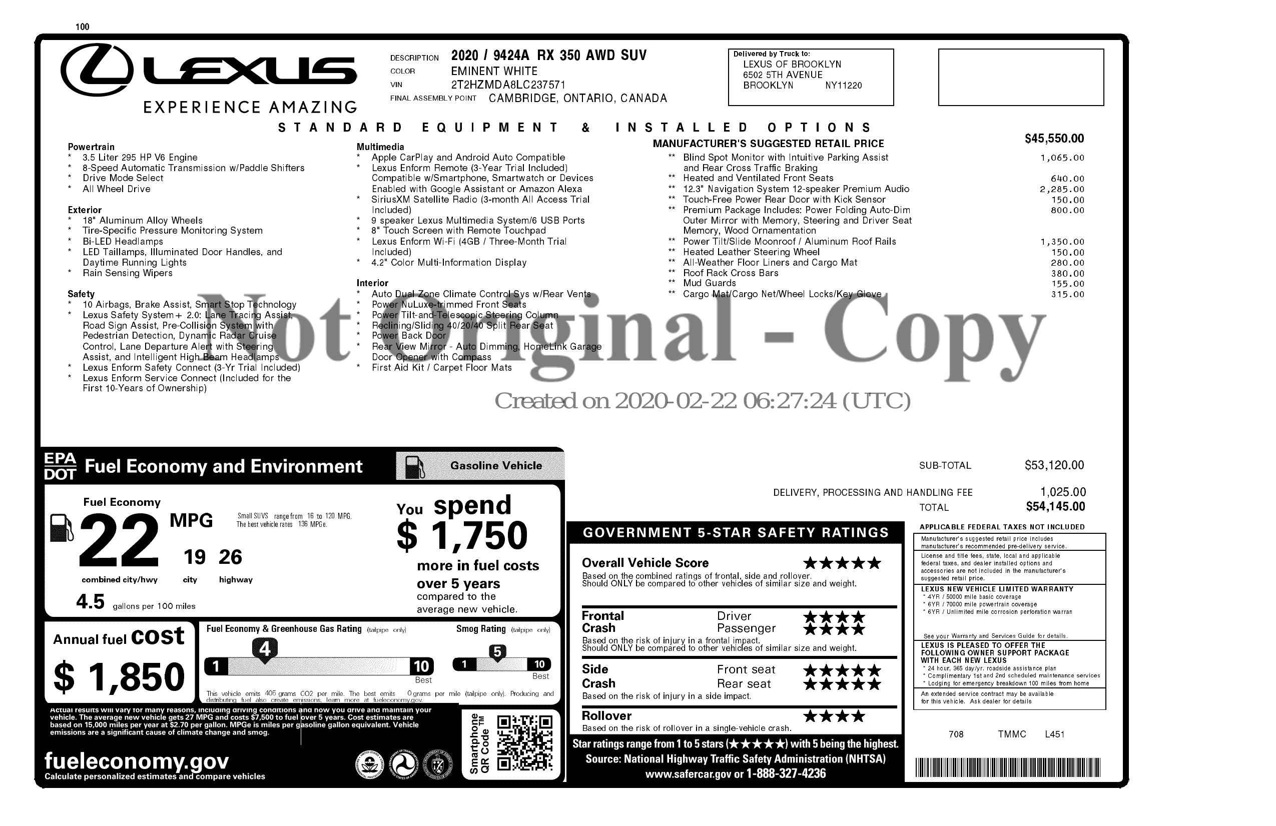 Window Sticker for 2020 Lexus Rx Rx 350 Awd