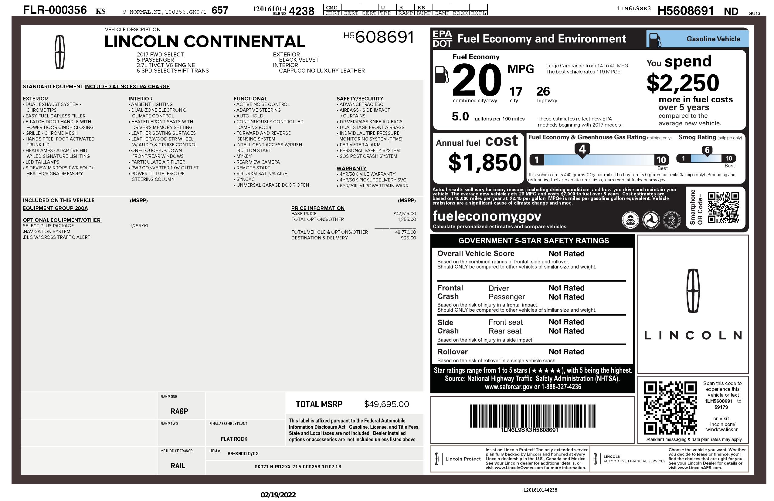 Window Sticker for 2017 Lincoln Continental Select Fwd