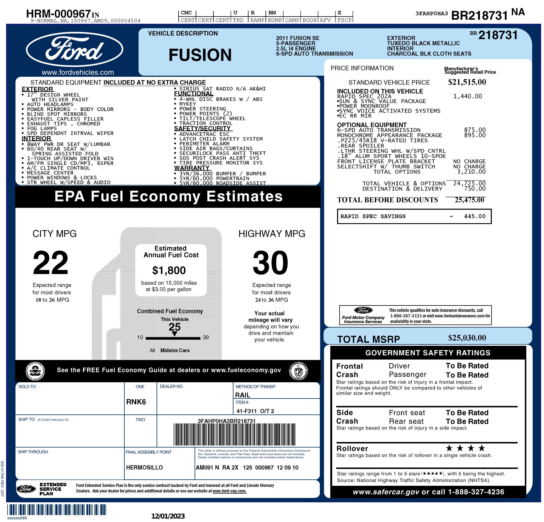 Window Sticker for 2011 Ford Fusion 4dr Sdn Se Fwd