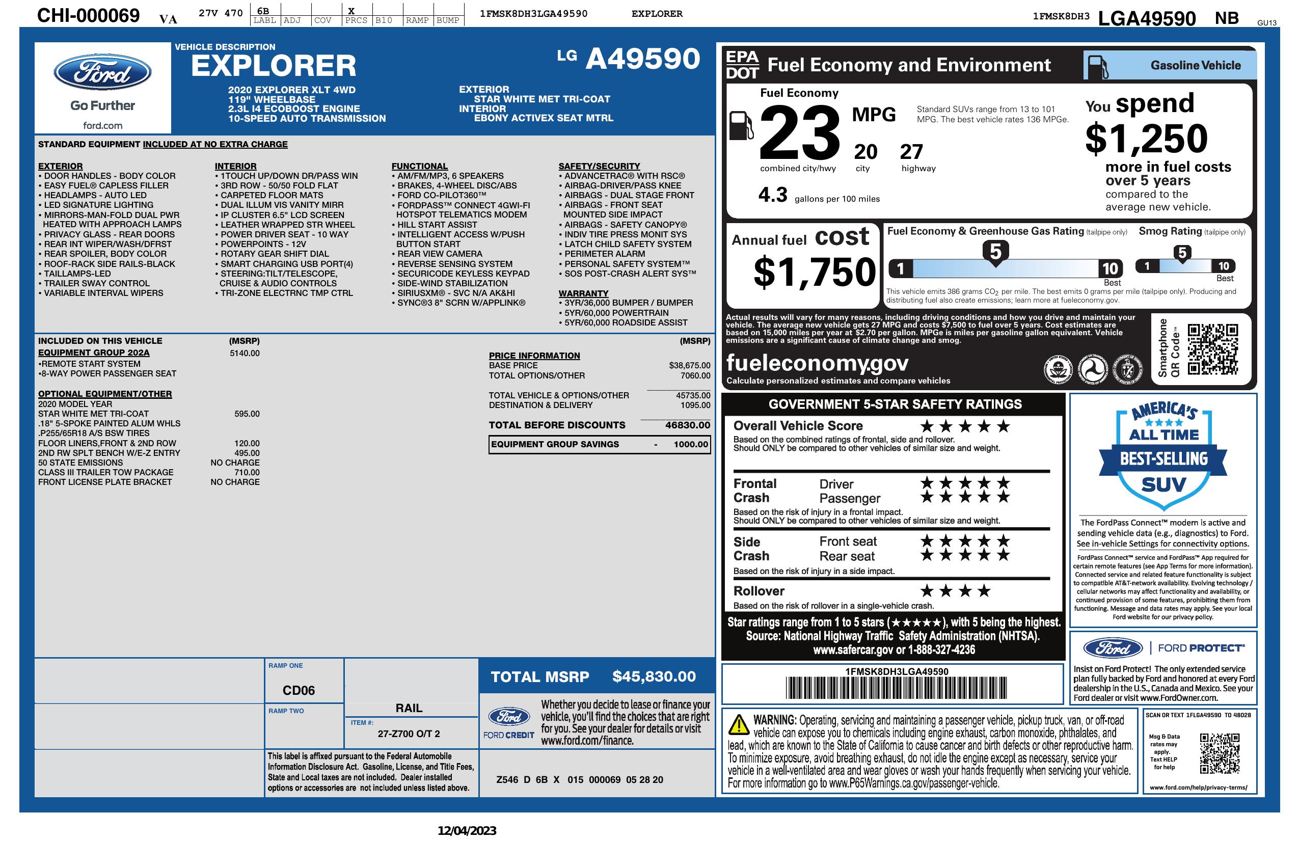 Window Sticker for 2020 Ford Explorer Xlt 4 Wd