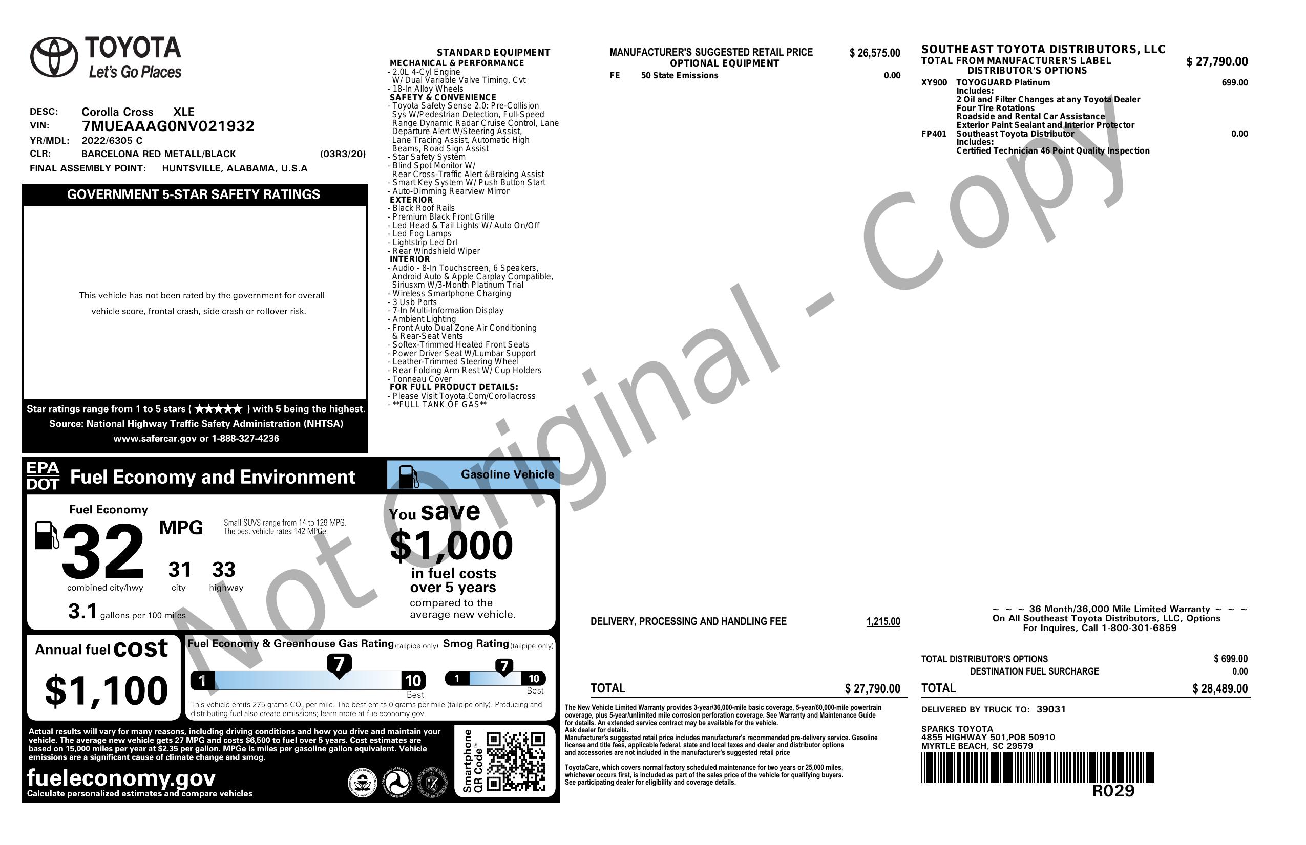 Window Sticker for 2022 Toyota Corolla Cross Xle