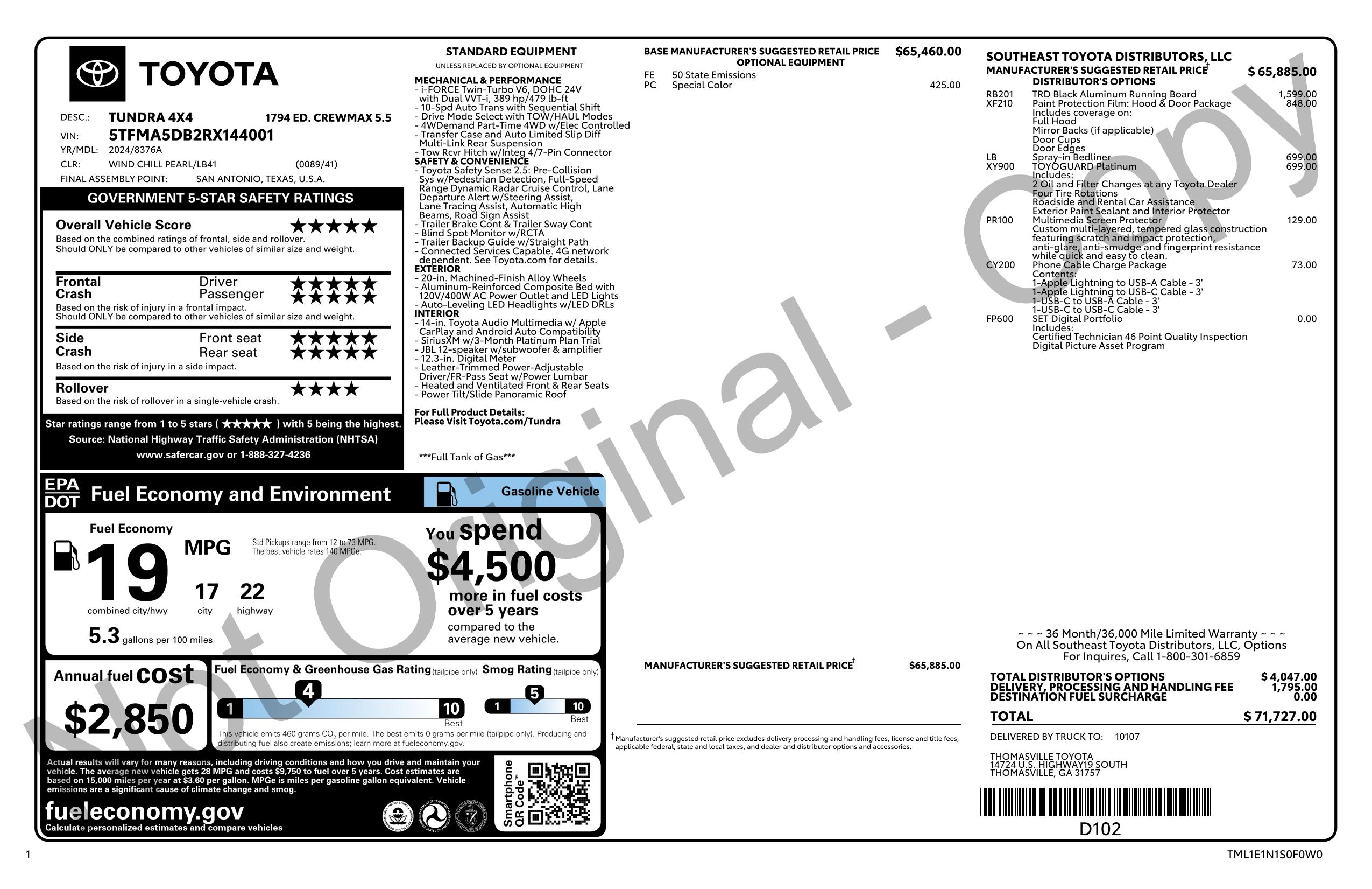 Window Sticker for 2024 Toyota Tundra 4 Wd 1794 Edition Crew Max 5.5 ...