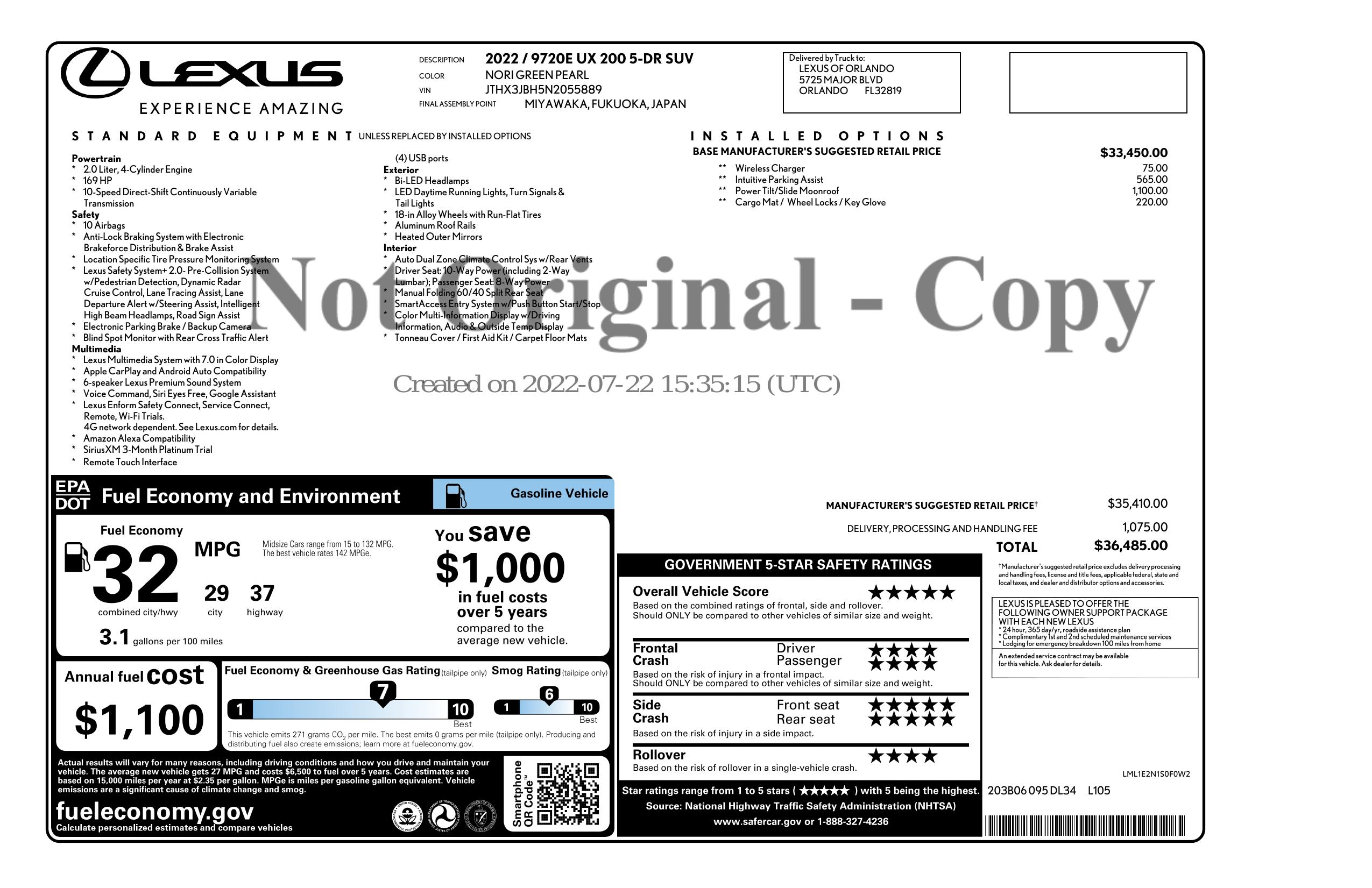 Window Sticker for 2022 Lexus Ux Ux 200 Fwd