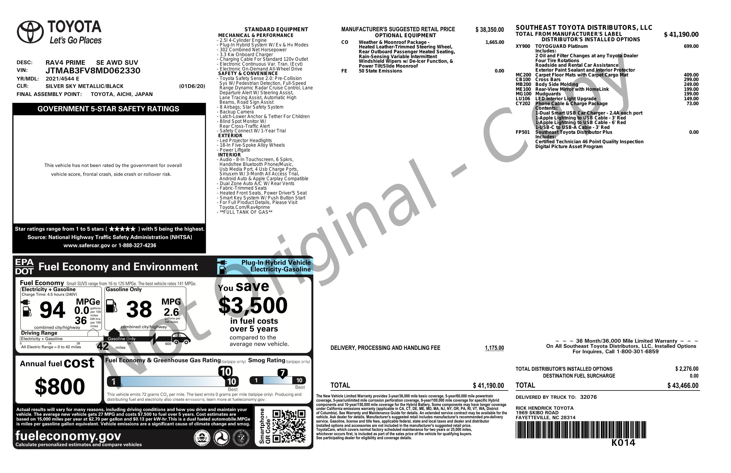 Window Sticker for 2021 Toyota Rav4 Prime Se (Natl)