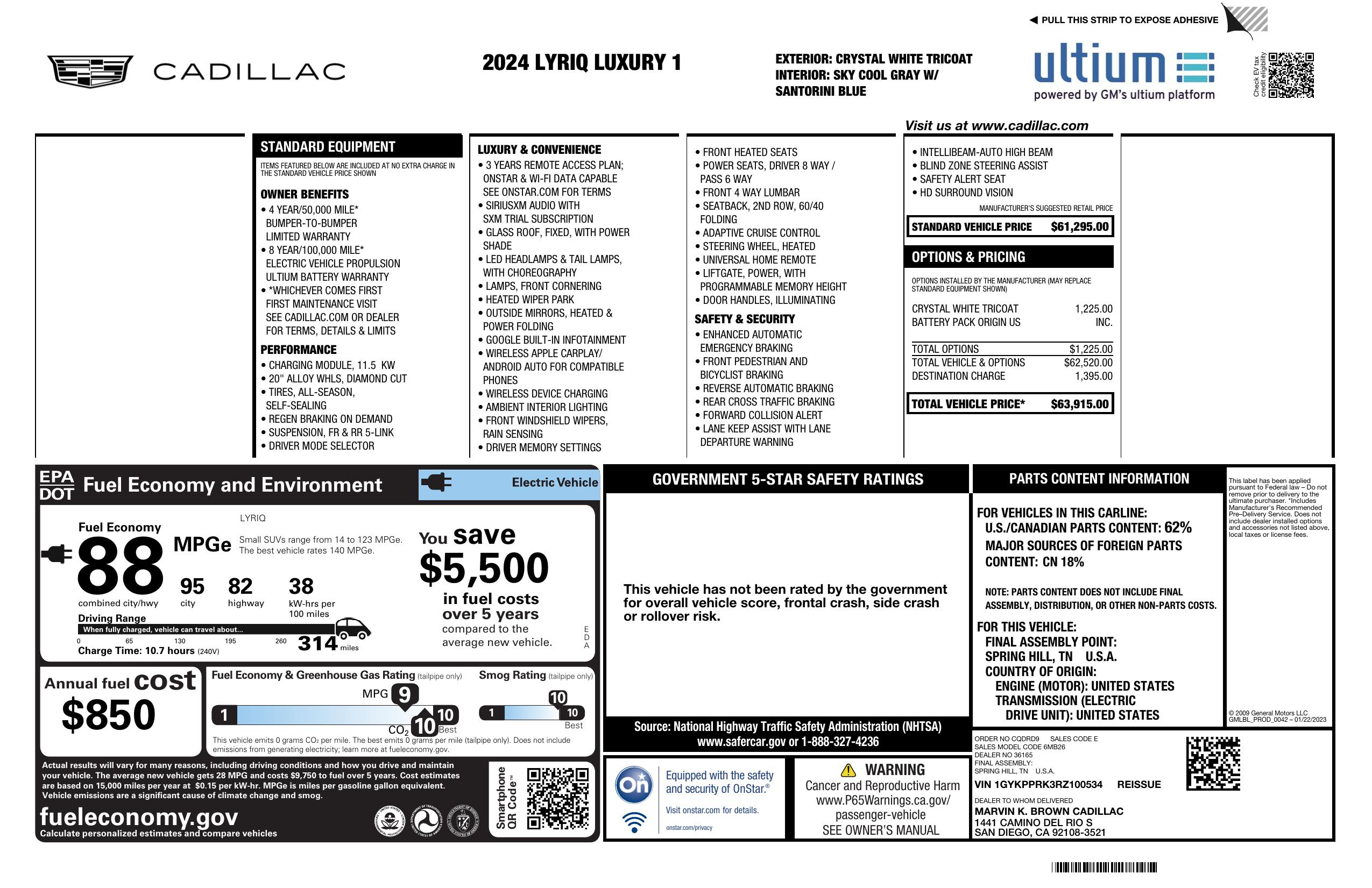 Window Sticker for 2024 Cadillac Lyriq 4dr Luxury W/1 Sc